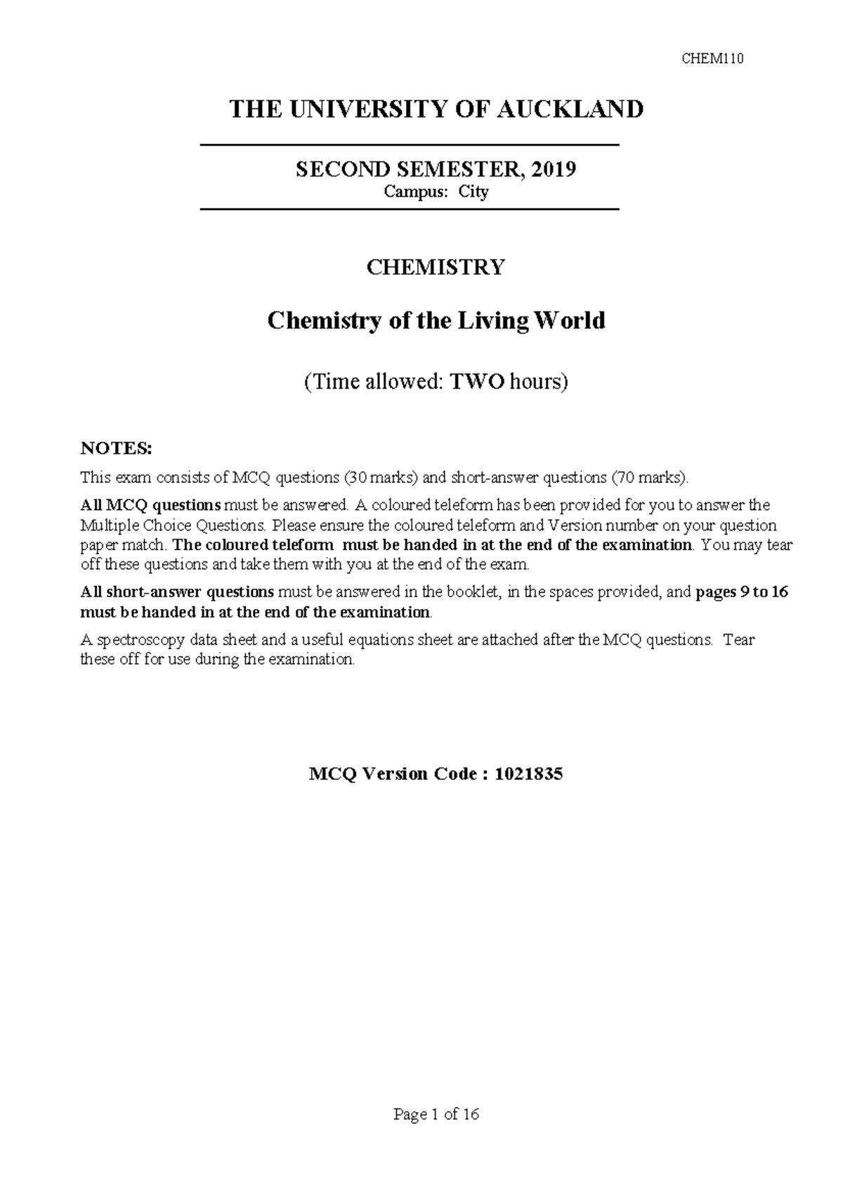 Chem110 S2 2019 - Chemistry of the Living World Exam Notes - Studocu
