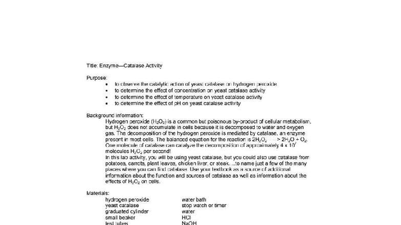 Catalase Lab Guide: Enzyme Reaction Rates and Procedures - Studocu