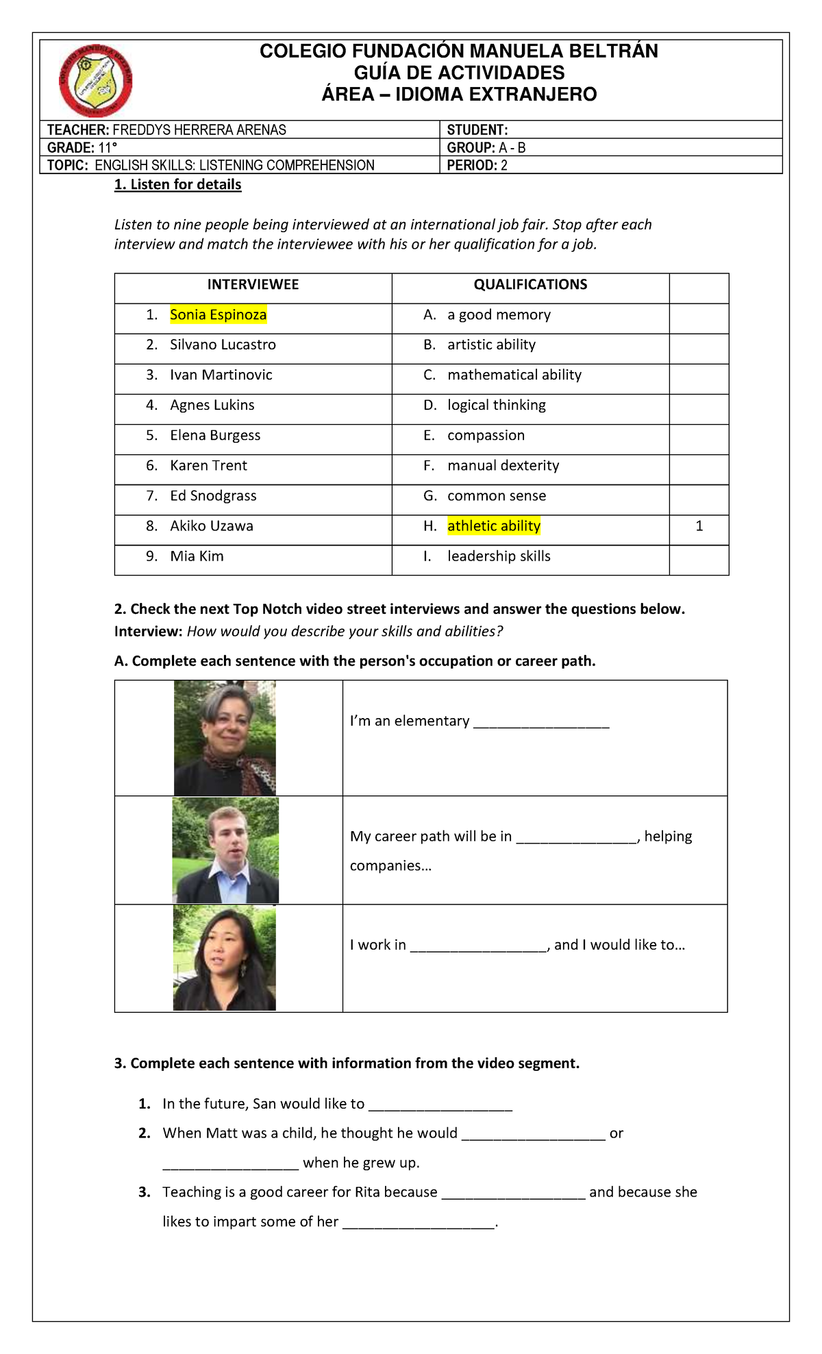 11° Activity Guide - Listening Comprehension Exercises - Studocu