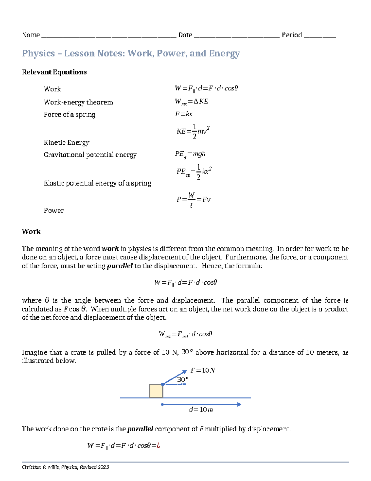Physics - Unit 3 - Work, Power, and Energy Lesson Notes & WS - Studocu