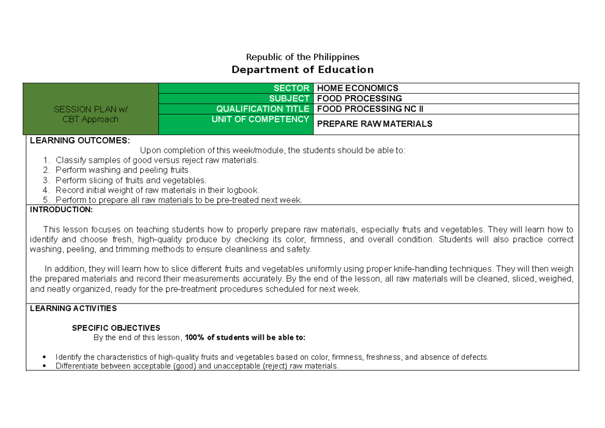 SESSION PLAN: Food Processing NC II - Preparing Raw Materials - Studocu