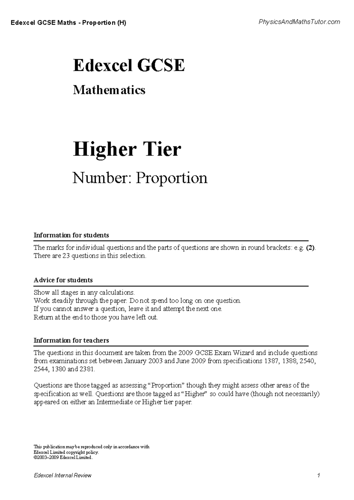 Proportion (H) - 2030 - Edexcel GCSE Mathematics Higher Tier Number ...