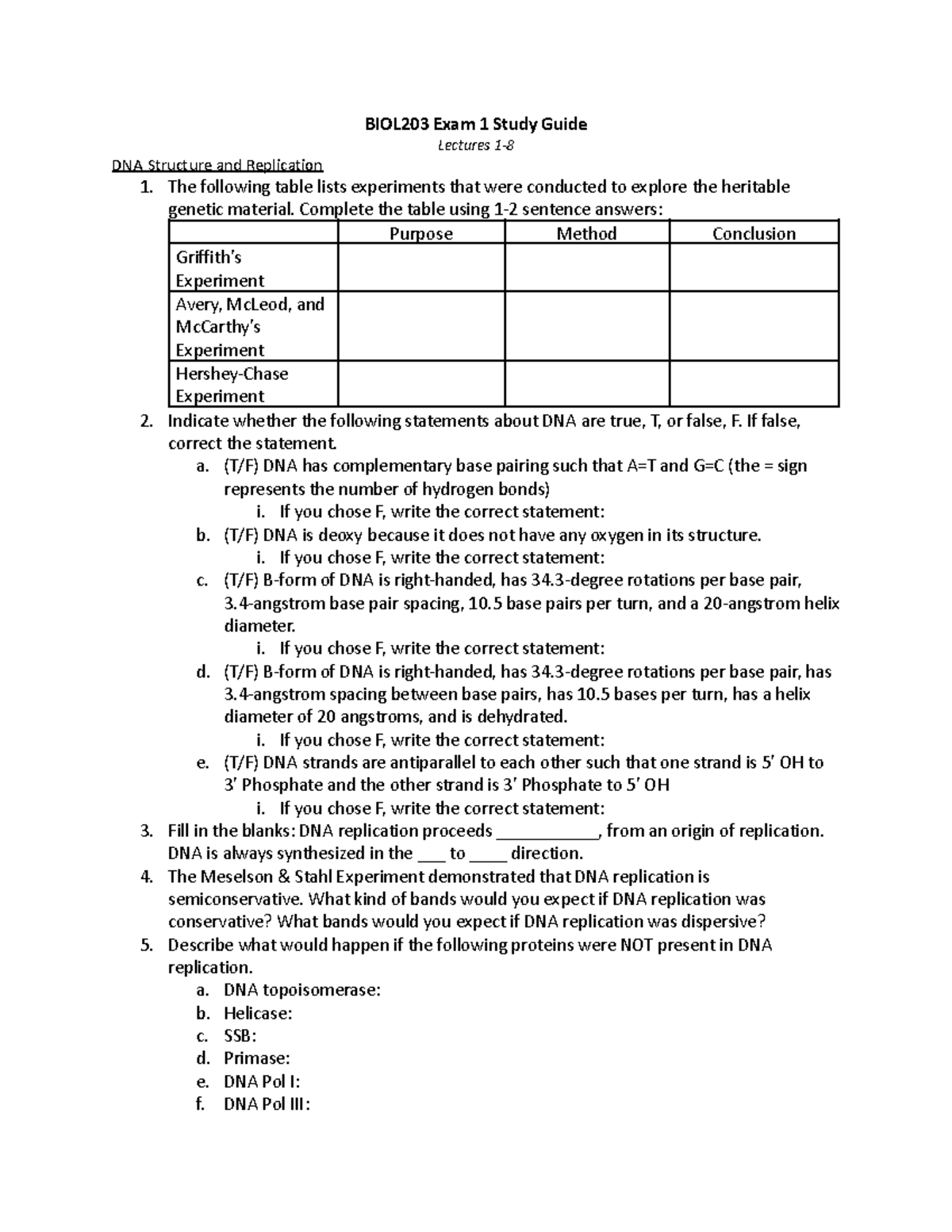 BIOL203 Exam 1 Comprehensive Study Guide: DNA, Transcription, Genetics ...