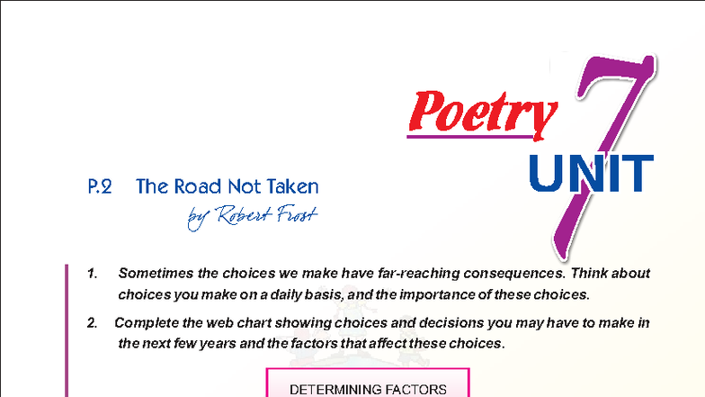 UNIT-7 - GOOD - CBSE UNITUNIT 77 Poetry P The Road Not Taken by Robert Fros t Sometimes the ...