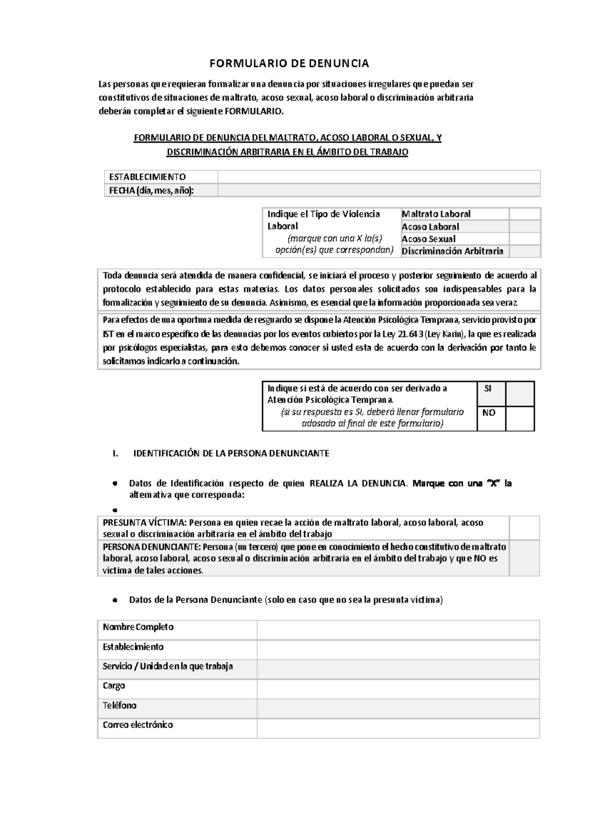 FORMULARIO DE DENUNCIA DE MALTRATO Y ACOSO LABORAL - Studocu