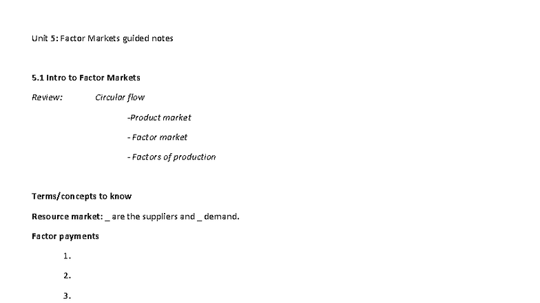 Unit 5: Factor Markets Guided Notes and Key Concepts - Studocu