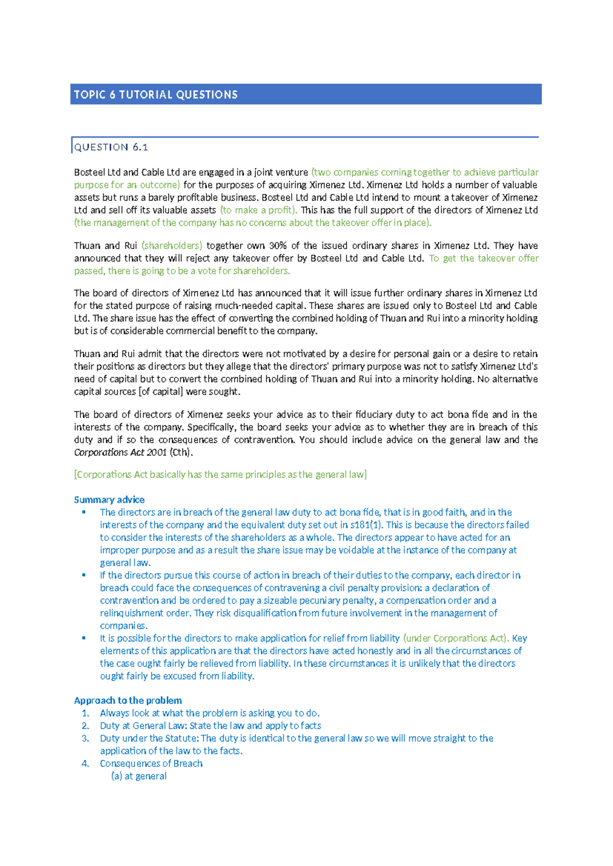 LLH305 Tutorial Topic 6: Fiduciary Duties and Shareholder Rights ...