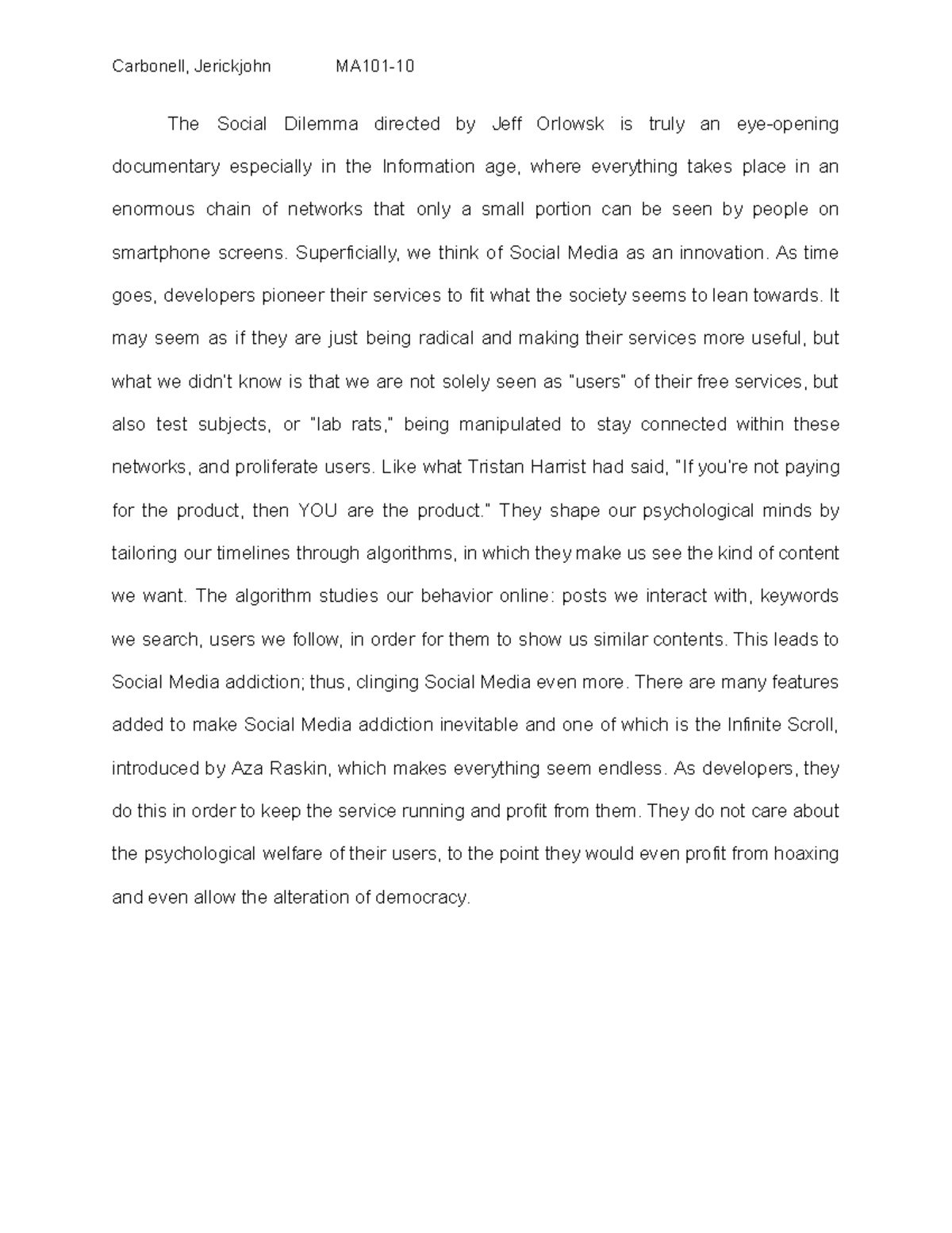 MA101-10: Analysis of "The Social Dilemma" Documentary - Studocu