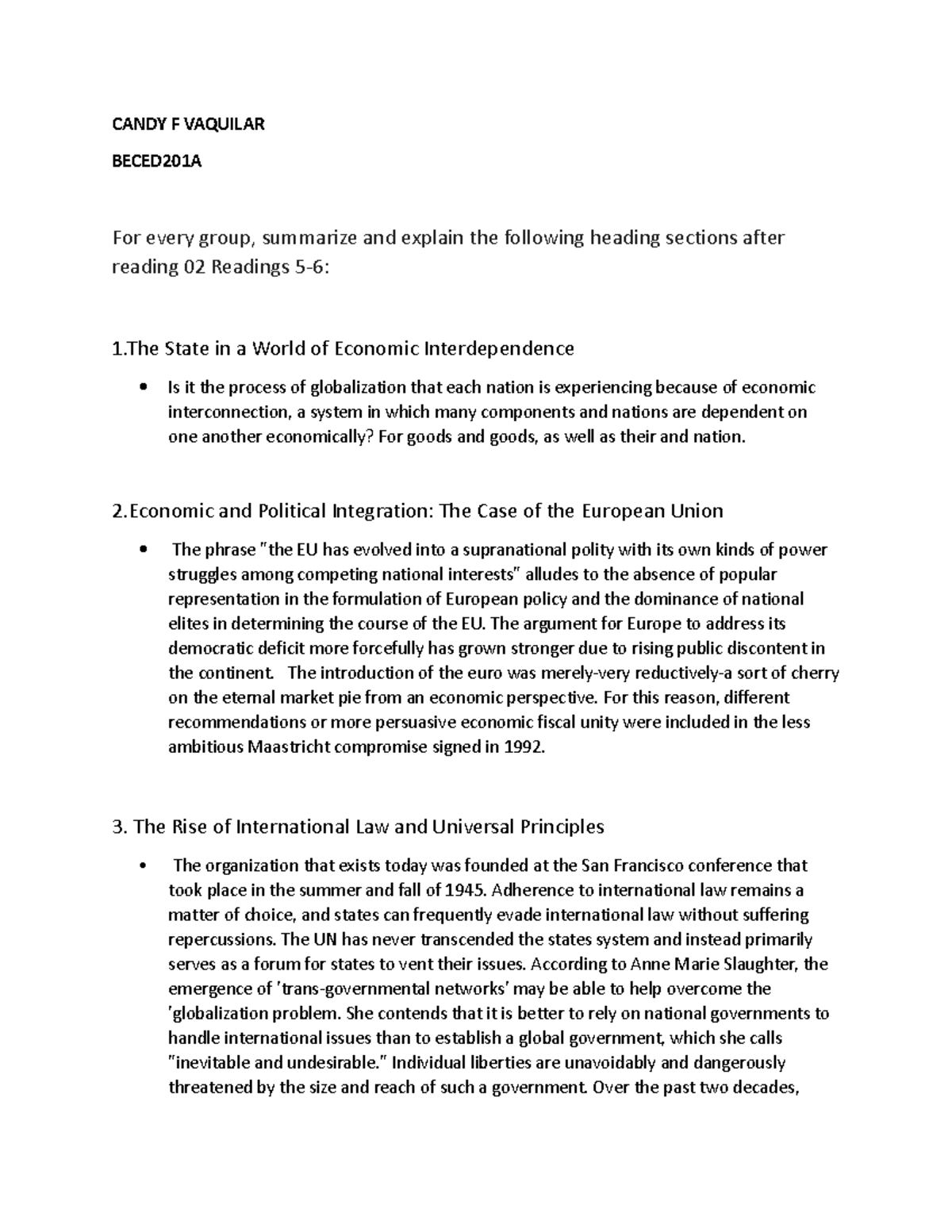 BECED201A: Summary and Analysis of Global Economic Interdependence ...