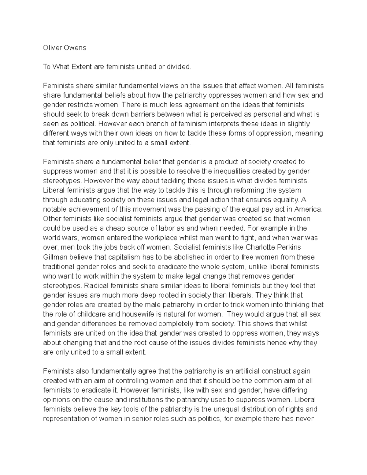 Feminism Essay: Analyzing Unity and Division in Feminist Thought - Studocu