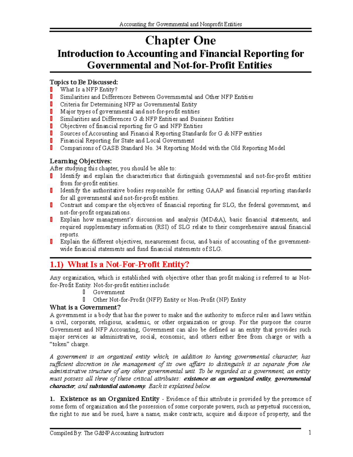 Government Accounting (1): Intro to NFP & G Financial Reporting - Studocu