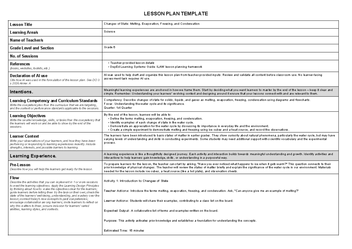 Lesson Plan Template: Changes of State in Science 6 - Studocu