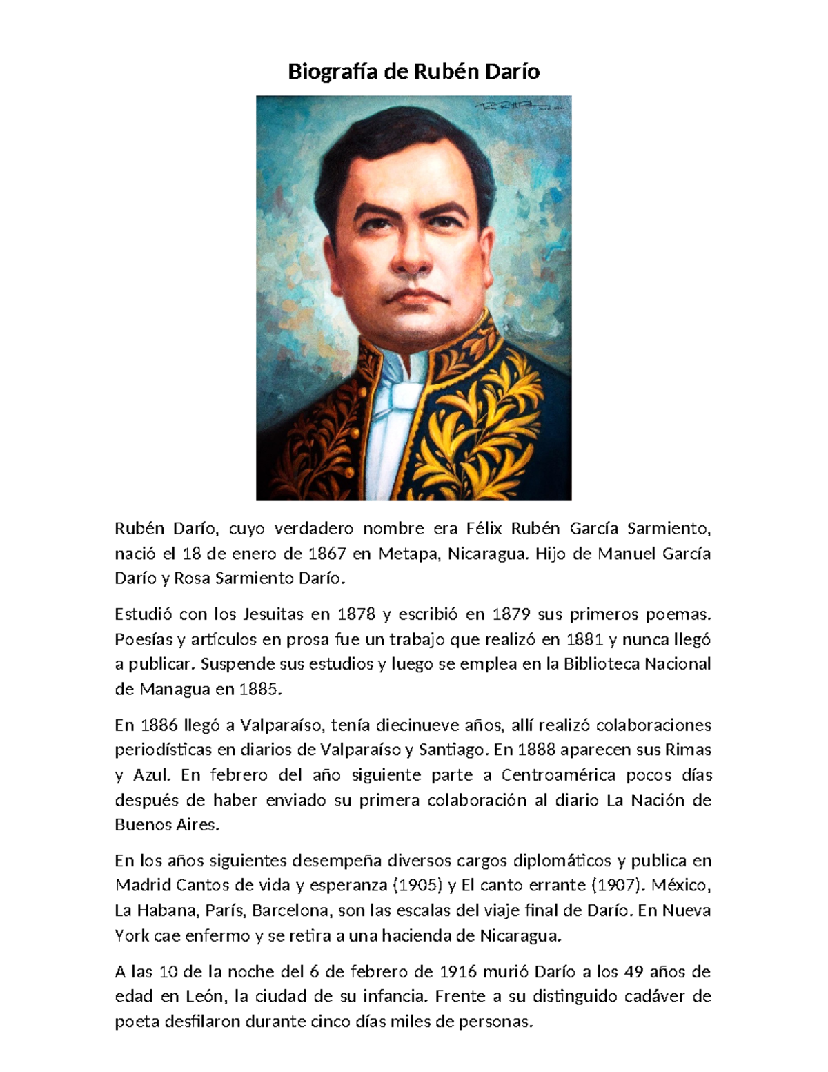 Biografía de Rubén Darío: La Vida del Poeta Modernista - Studocu