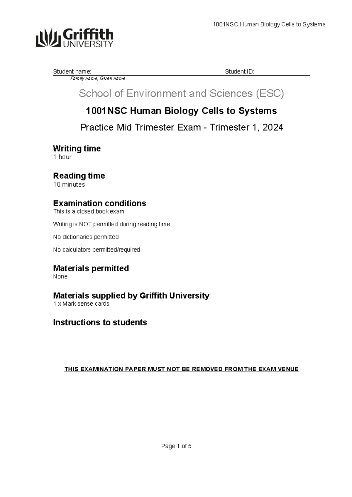 Practice Mid Trimester Exam - 1001NSC Human Biology Cells to Systems ...