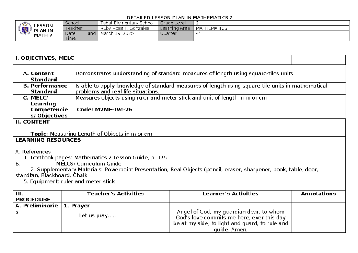 Detailed Lesson Plan in Math 2 for COT - Measuring Lengths - Studocu