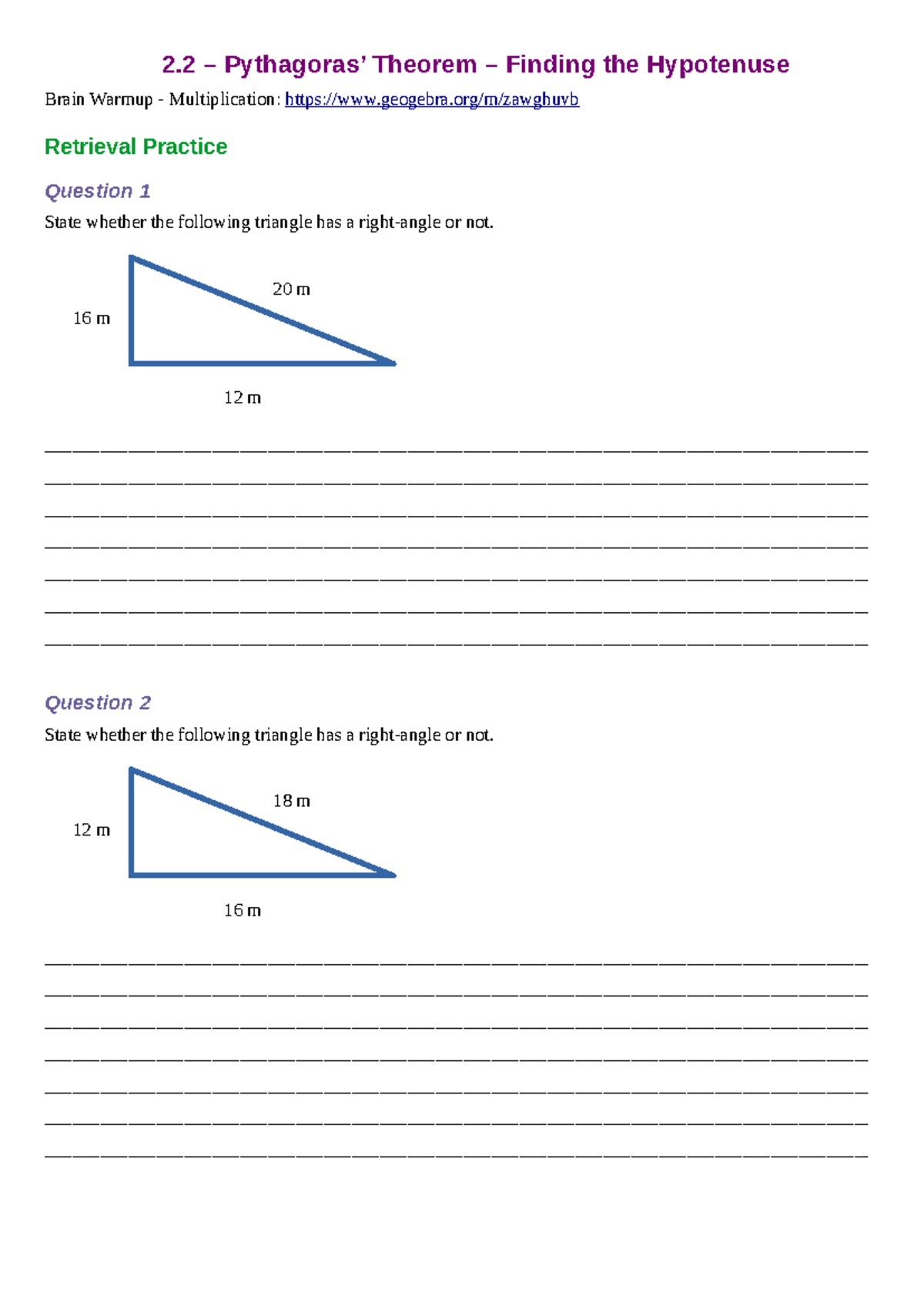2.2 - Pythagorean Theorem: Finding the Hypotenuse Practice - Studocu