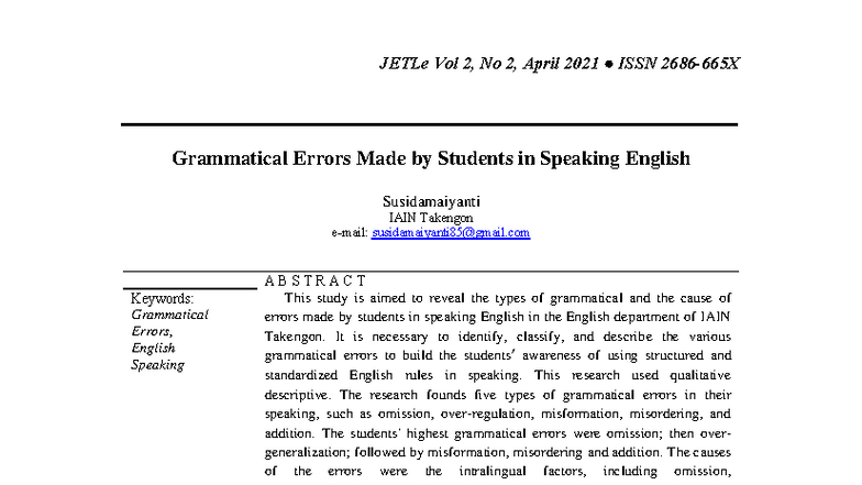 Grammatical Errors in English Speaking: A Study at IAIN Takengon - Studocu