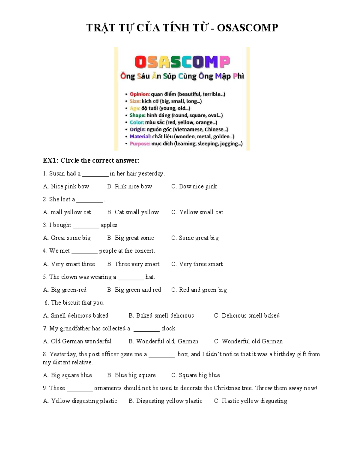 TRẬT TỰ CỦA TÍNH TỪ OSASCOMP: Exercises and Answers for Adjective Order ...