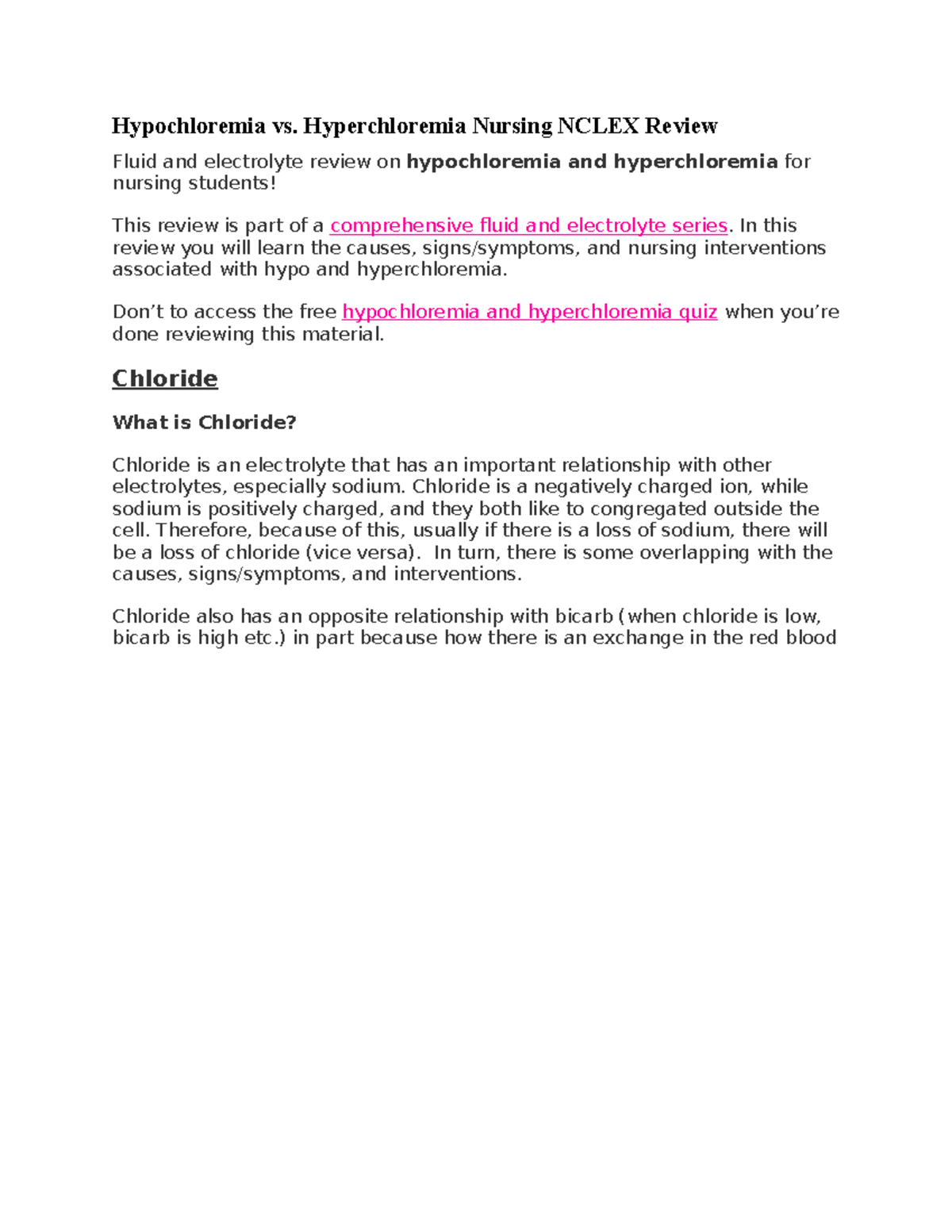Hypochloremia vs. Hyperchloremia: Key NCLEX Review for Nurses - Studocu