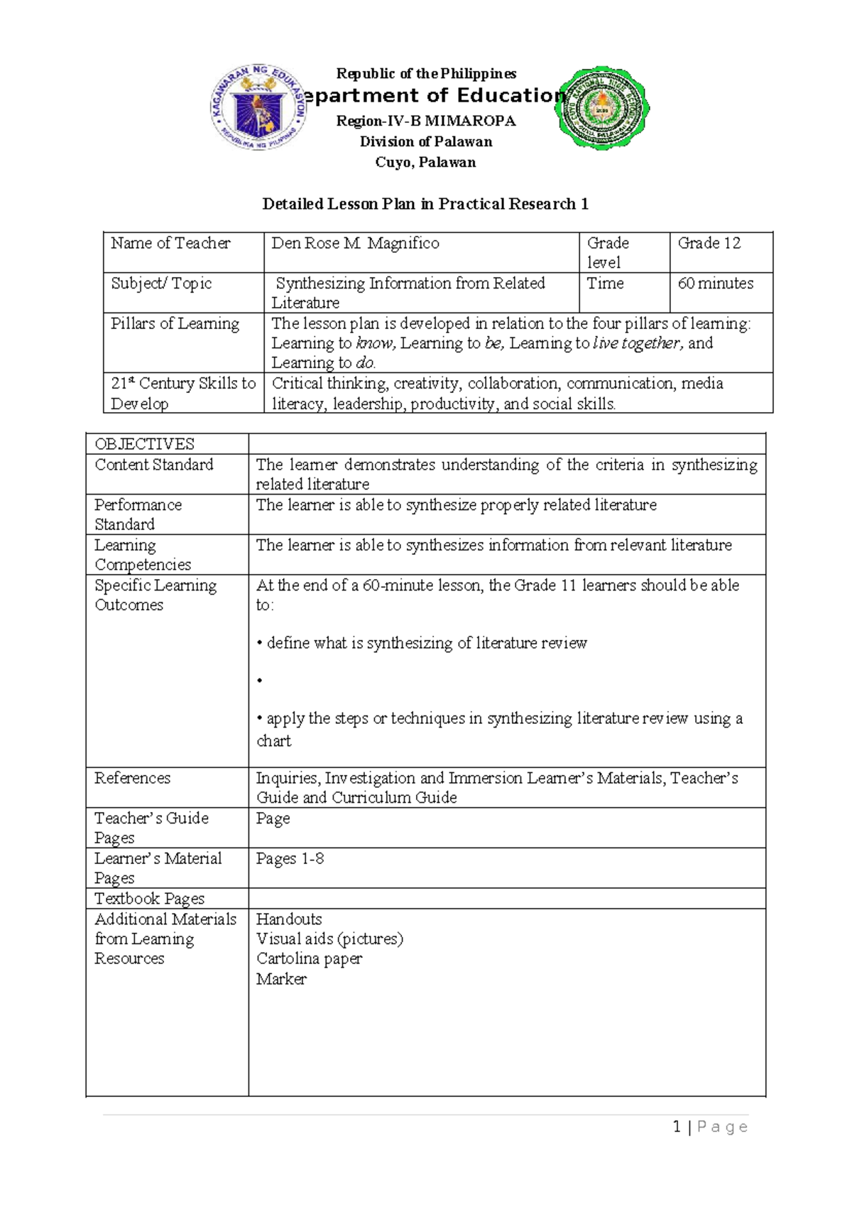 Detailed Lesson Plan: Synthesizing Literature in Practical Research 1 ...