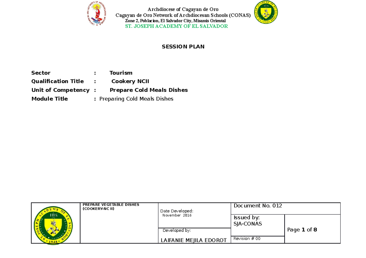 Session Plan for Preparing Vegetable Dishes (Cookery NC II) - Studocu