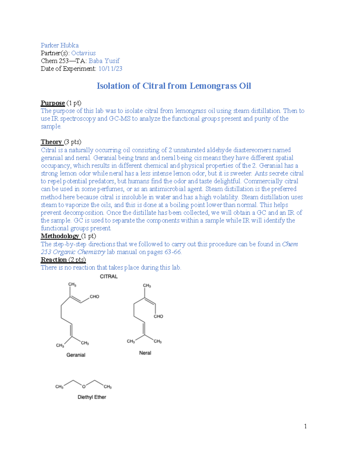 Chem 25 Lab Report: Isolation of Citral from Lemongrass Oil - Studocu
