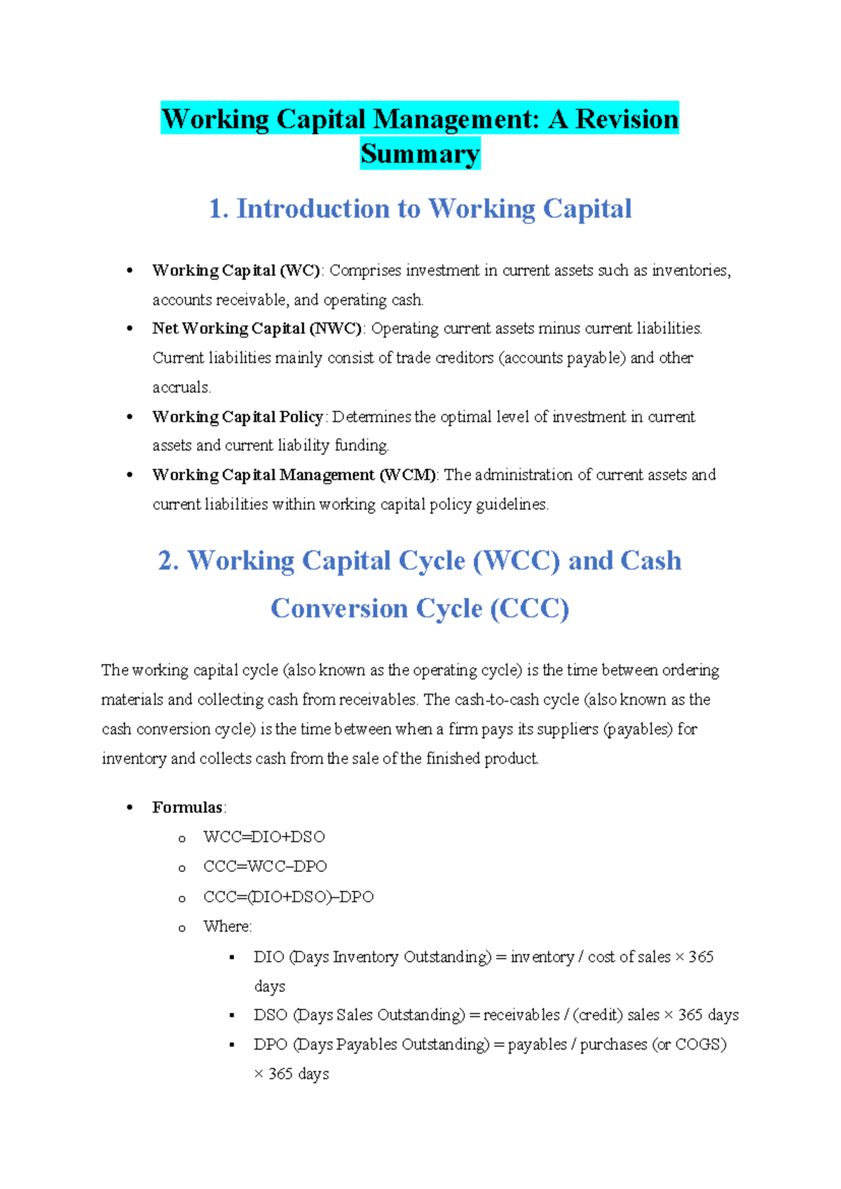 Working Capital Management (WCM) Summary Notes: Key Concepts & Policies ...