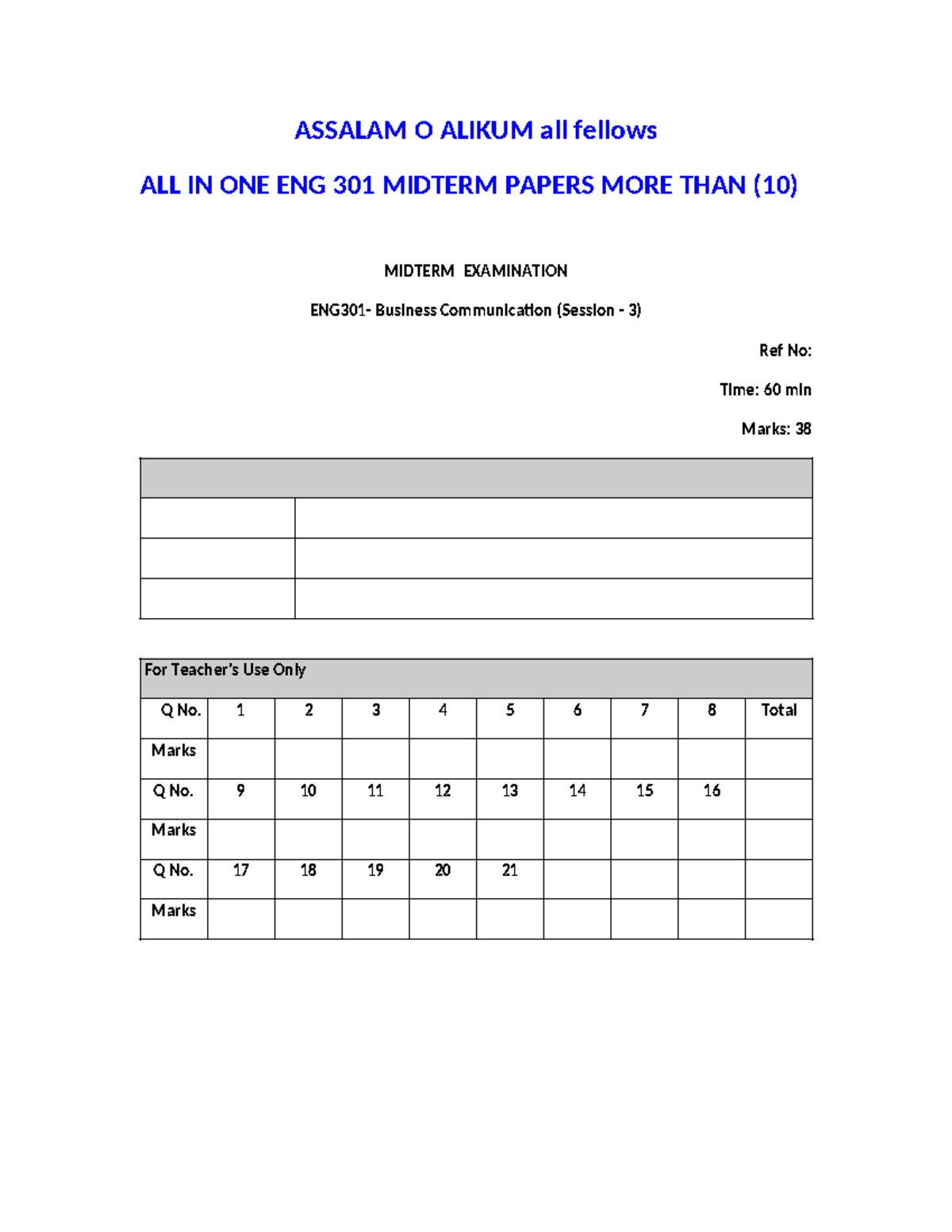 ENG301 Comprehensive MIDTERM Papers with 10+ Solved Questions - Studocu