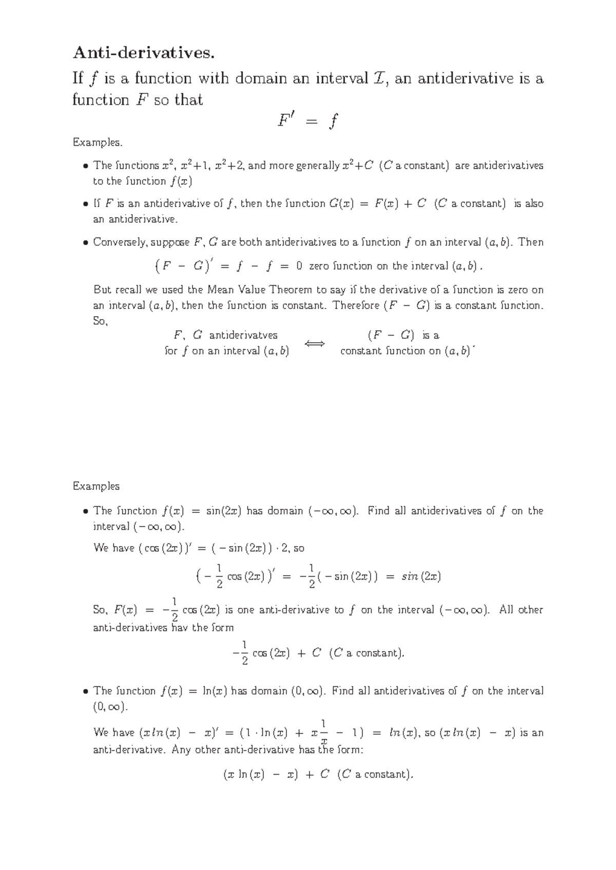 Math1013 Lecture Slides: Week 11 - Antiderivatives and Their ...