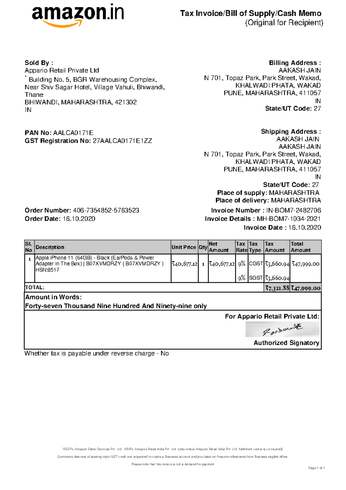 Tax Invoice - Appario Retail Pvt. Ltd. (Order No: 406-7354852) - Studocu