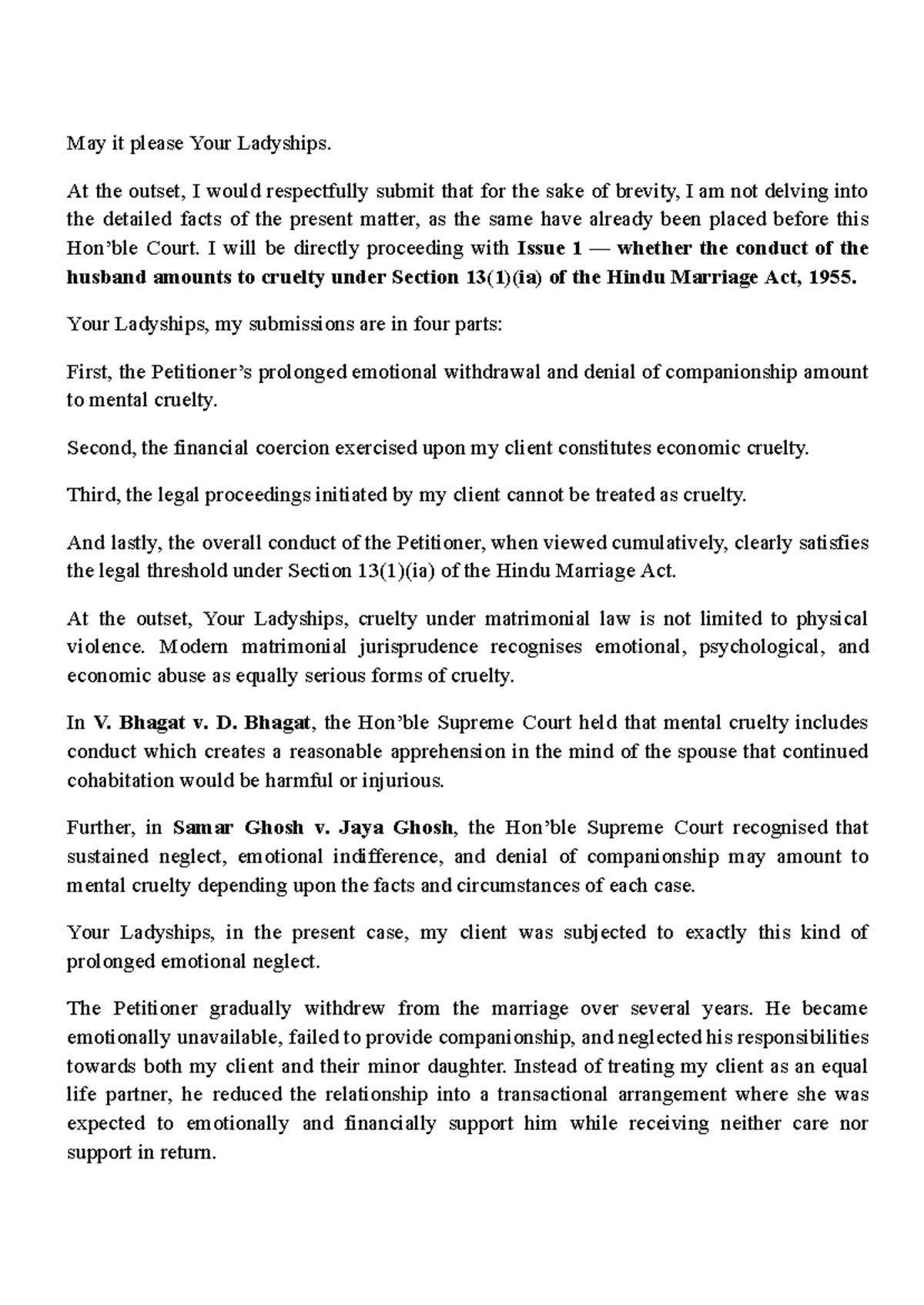 Moot 3 - Legal Argument on Cruelty in Matrimonial Law - Studocu