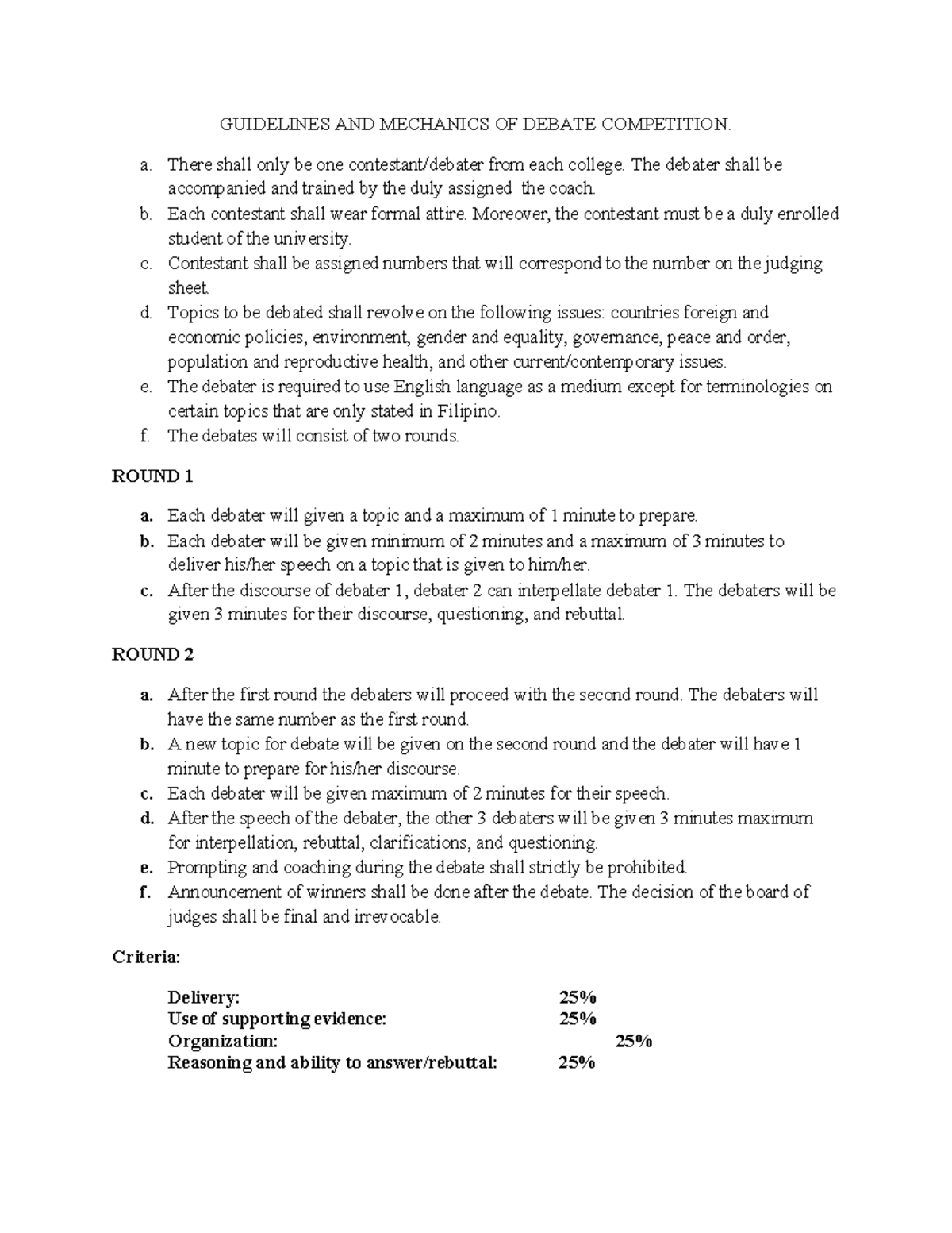 Guidelines ofr the debate competition - GUIDELINES AND MECHANICS OF ...