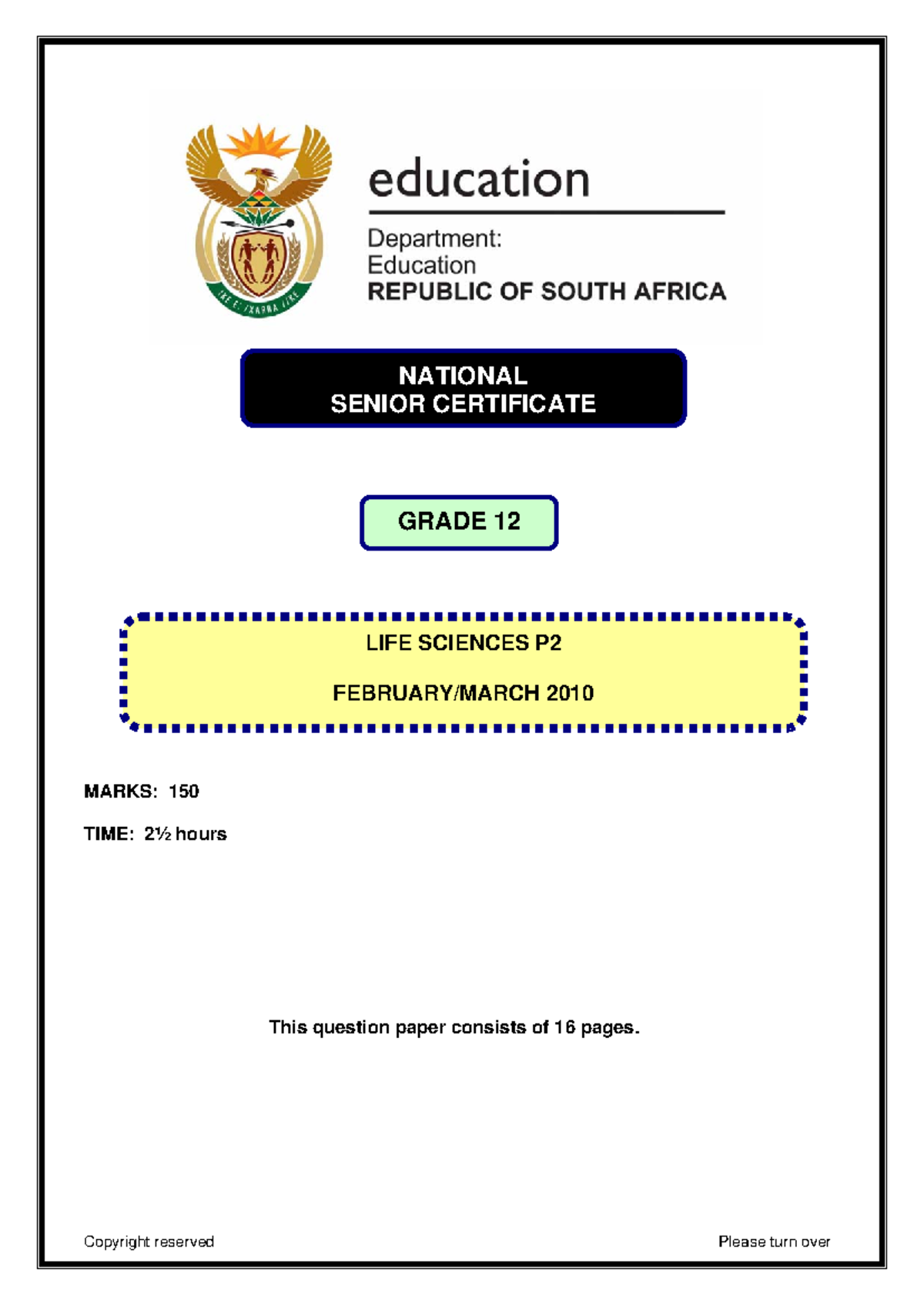 Life Sciences Grade 12 P2 March 2010 Exam Paper - Studocu