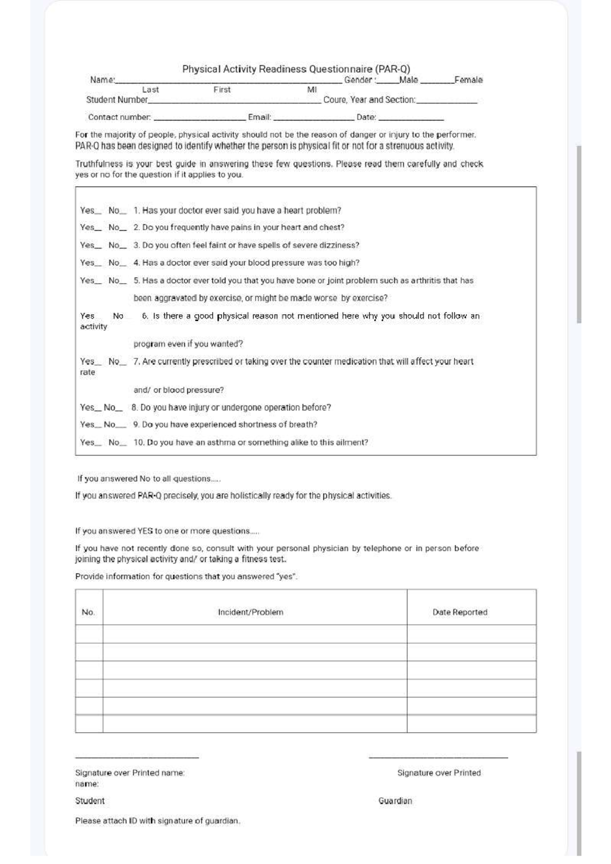 PAR-Q: Physical Activity Readiness Questionnaire (PARQ) Form - Studocu