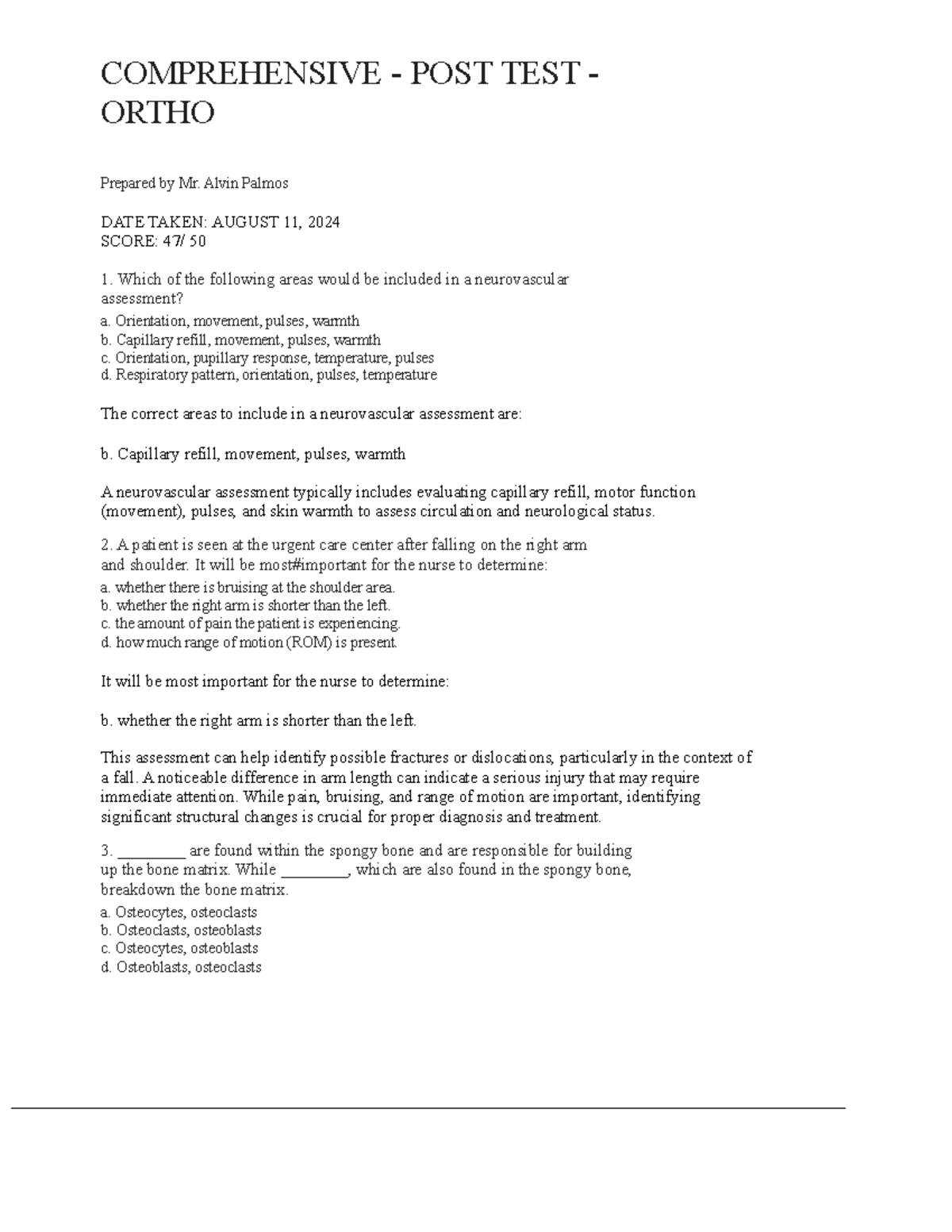 Comprehensive Ortho Post Test Review - BSN Lecture Notes - Studocu