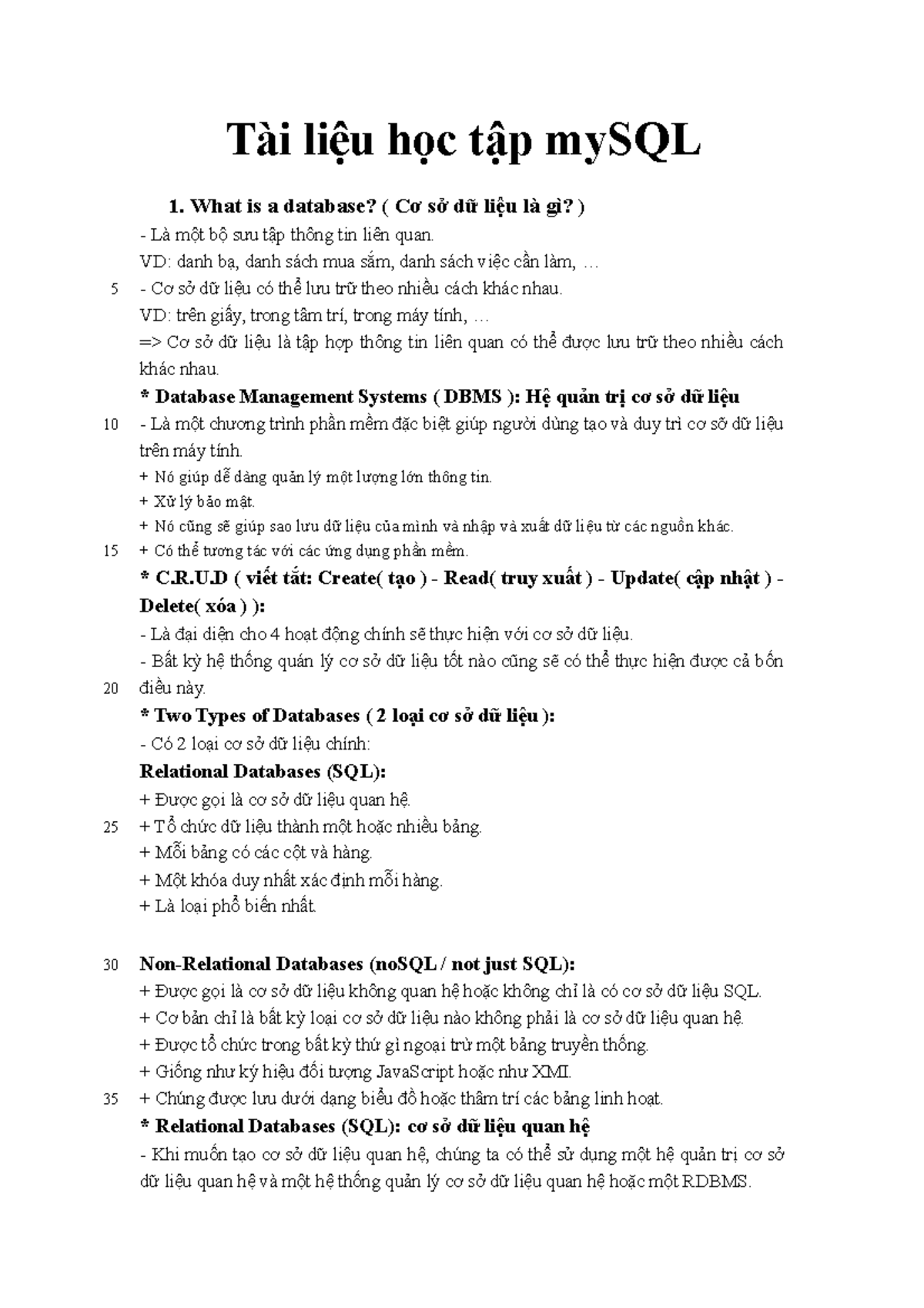 Tài liệu học tập mySQL: Cơ sở dữ liệu & Câu lệnh cơ bản - Studocu