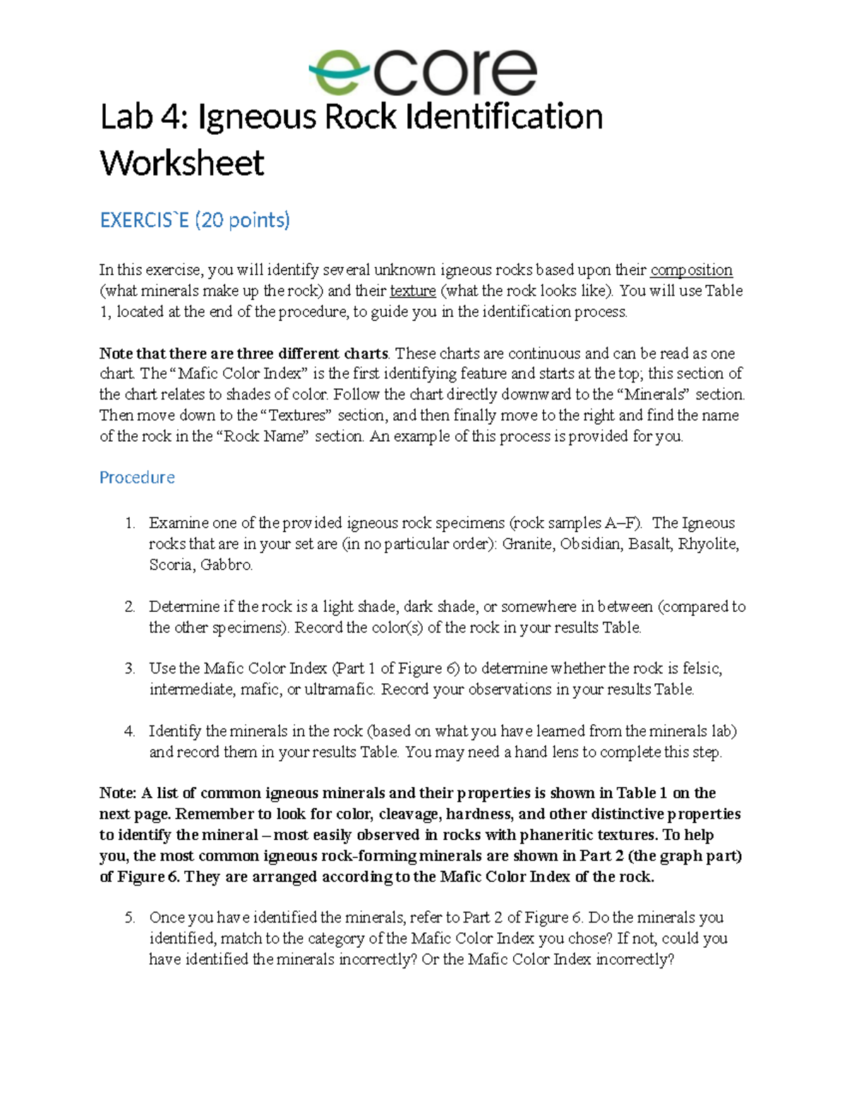 Lab 4 - Igneous Rock Identification Worksheet and Results Guide - Studocu