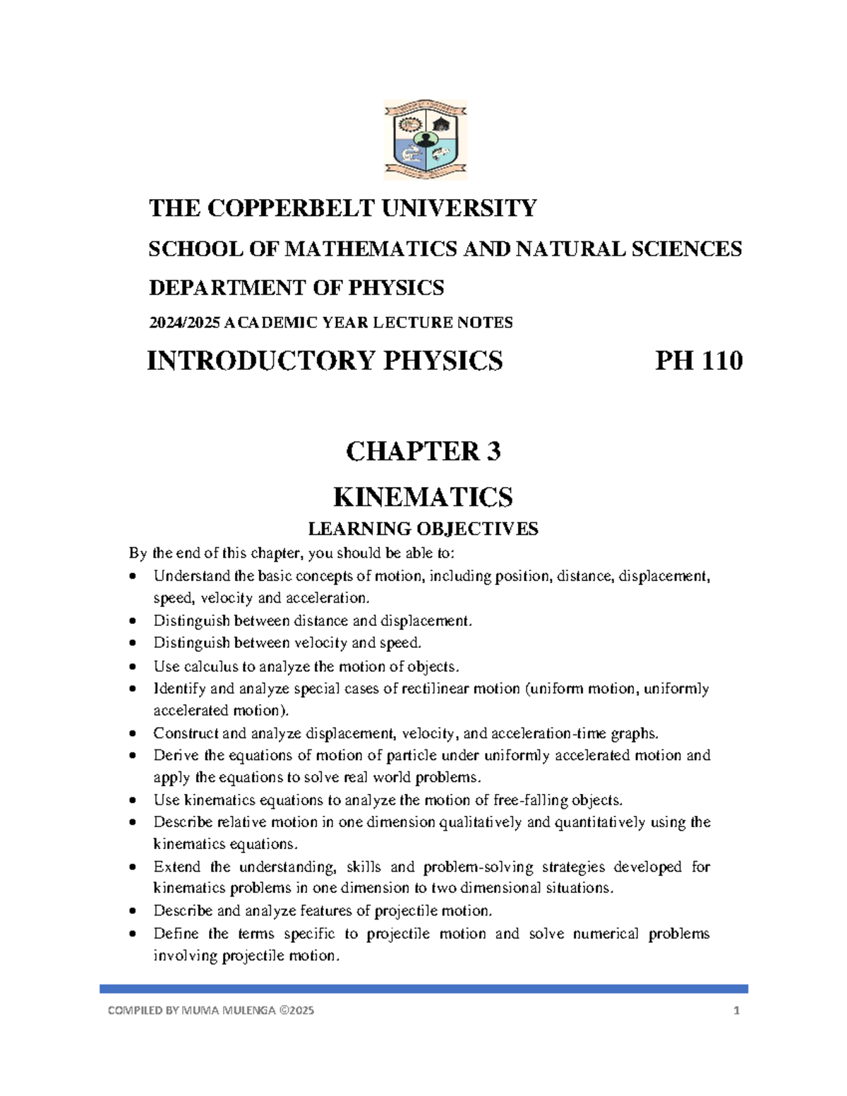 Chapter 3 Kinematics Lecture Notes (PH 110) 250128 184214 - Studocu