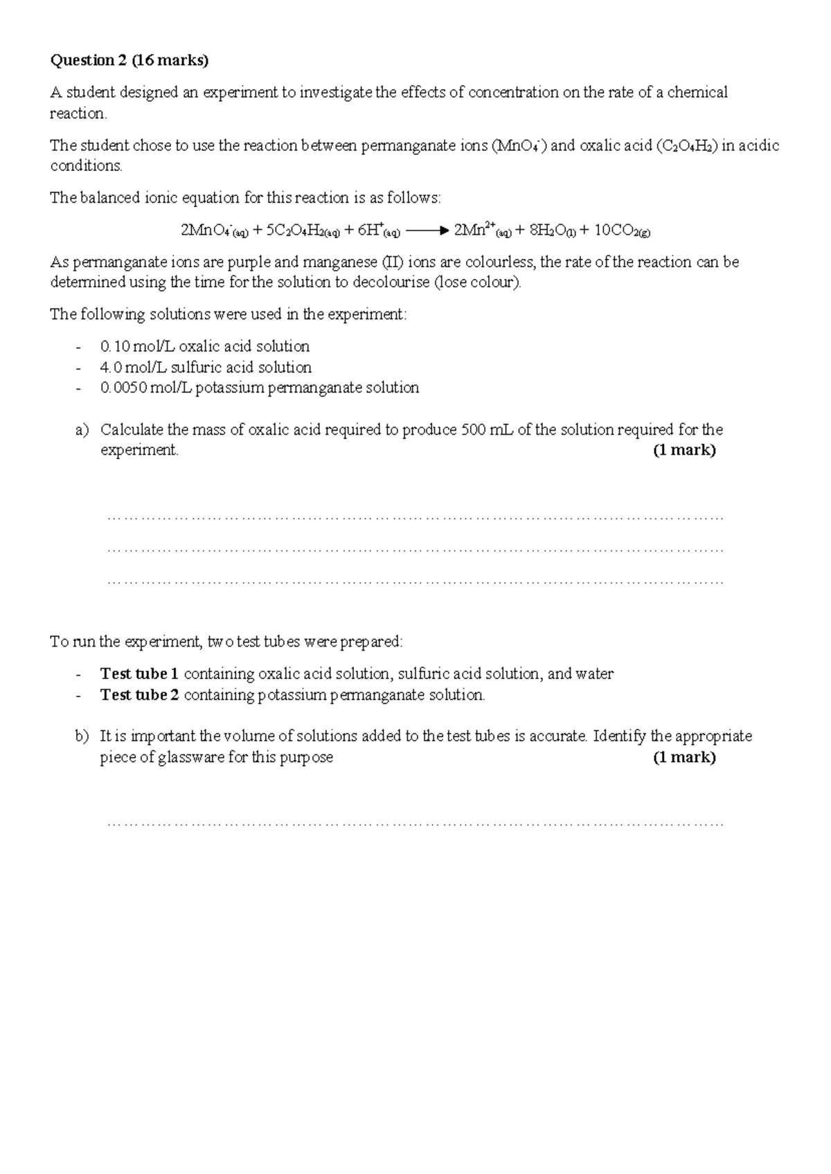 Yr 11 Chemistry RoR Exam Questions: Concentration & Reaction Rates ...