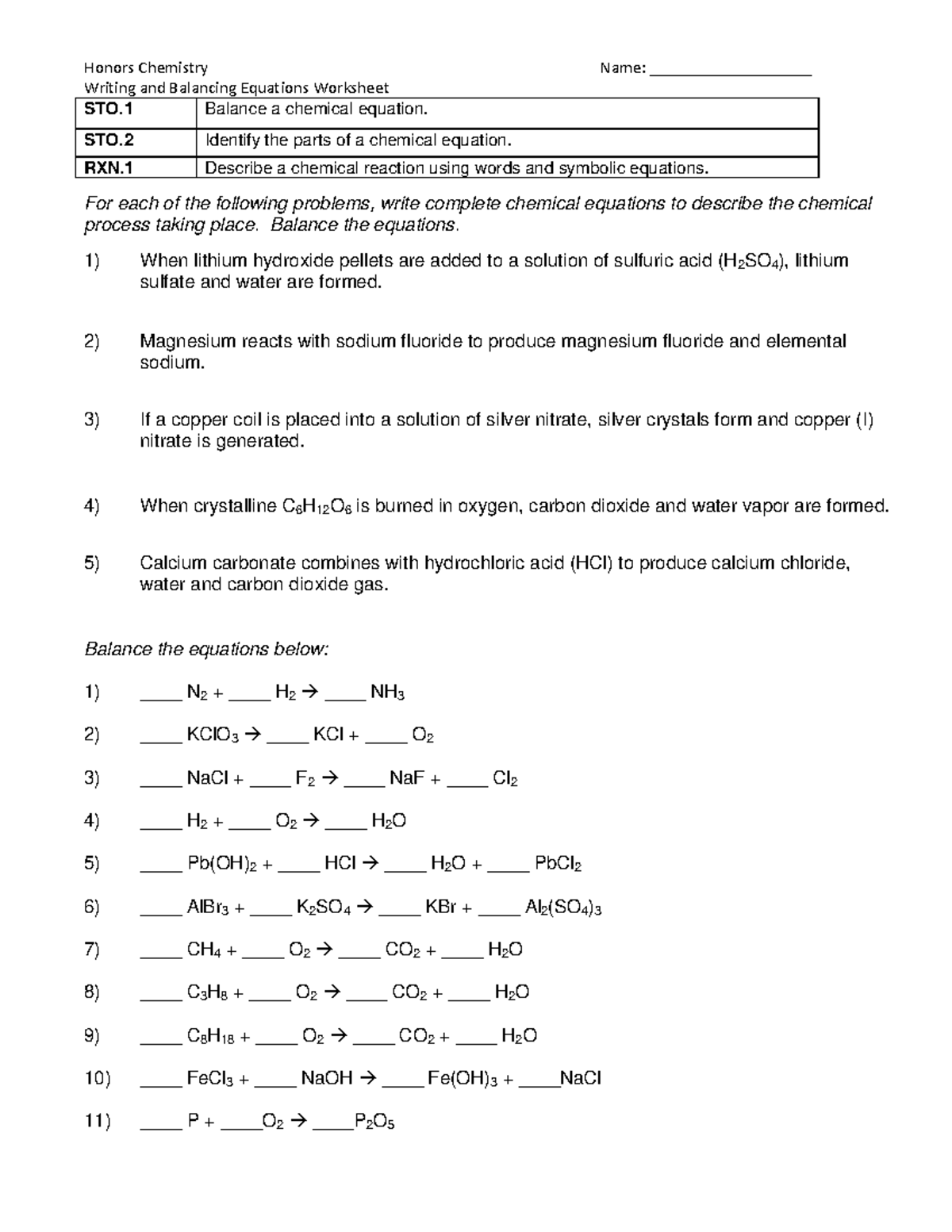 Honors Chemistry STO.1 Worksheet: Writing & Balancing Equations - Studocu
