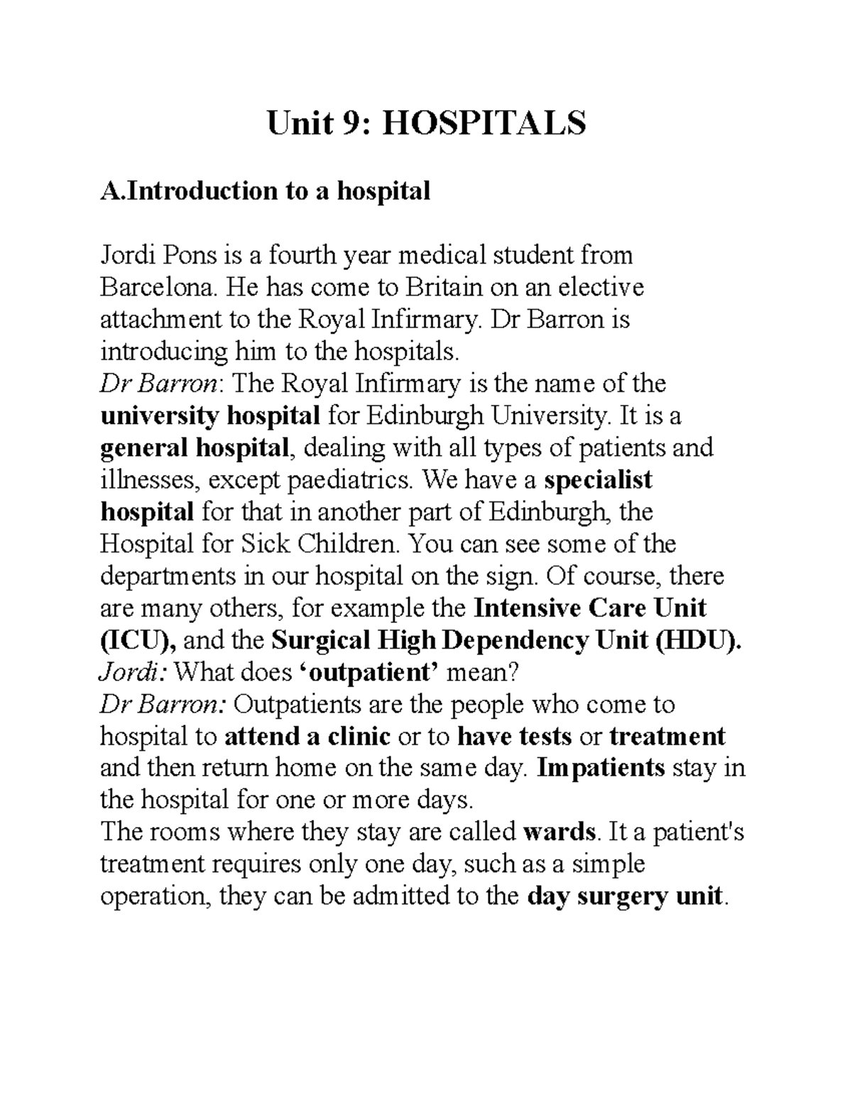 Unit 9: Introduction to Hospitals - Key Concepts and Vocabulary - Studocu