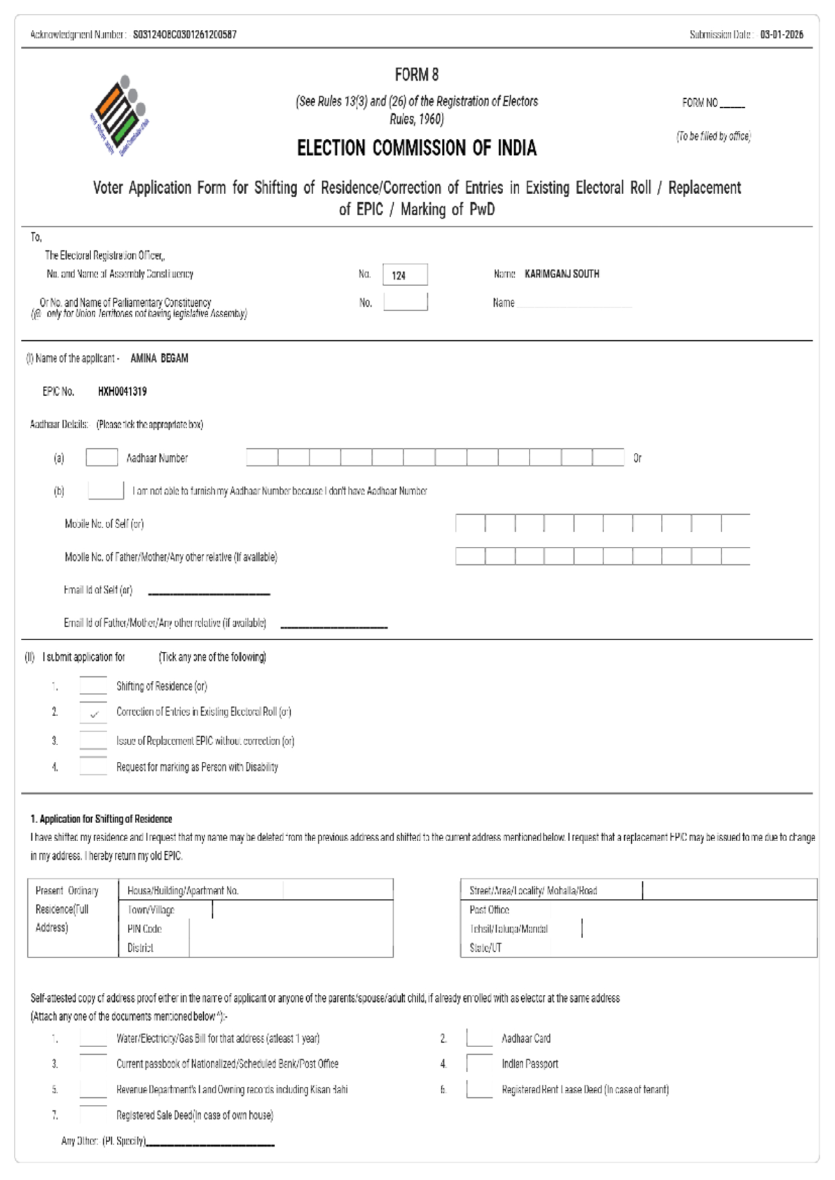 Voter Application Form 8 for Shifting of Residence ...