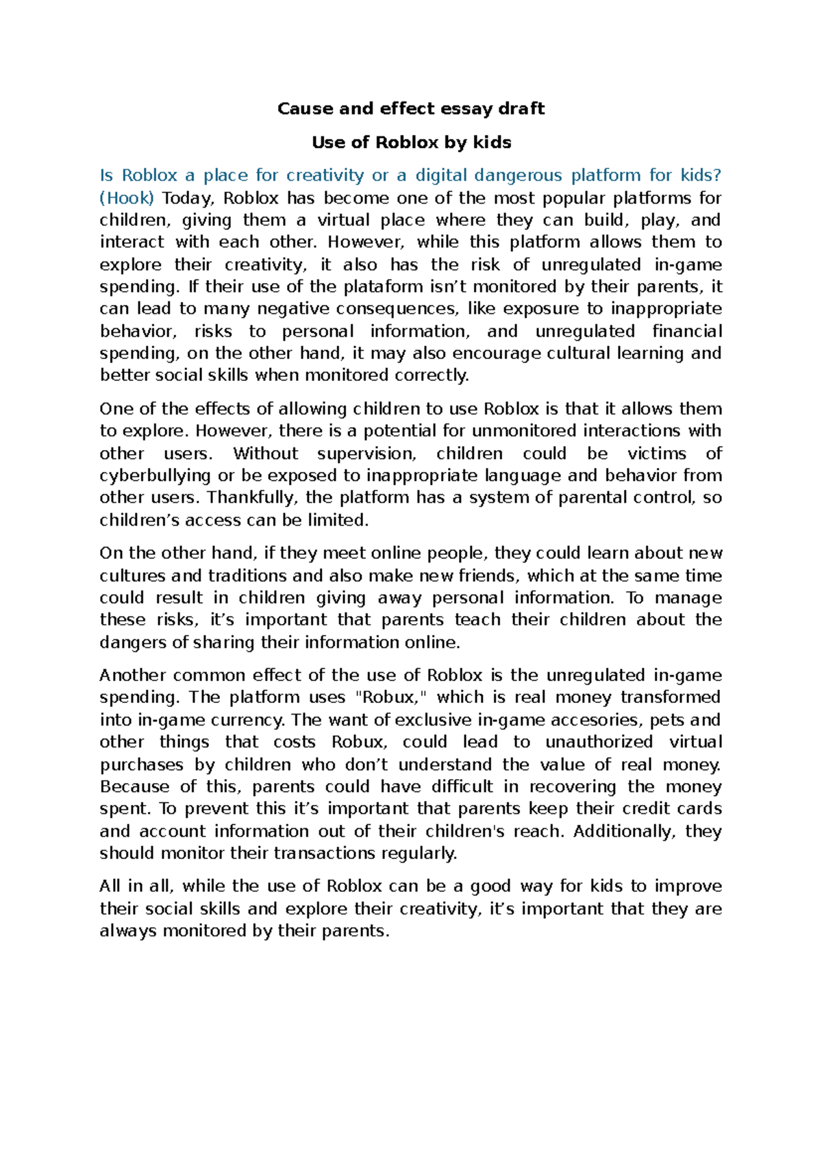 Cause and Effect Essay Draft: The Impact of Roblox on Kids - Studocu