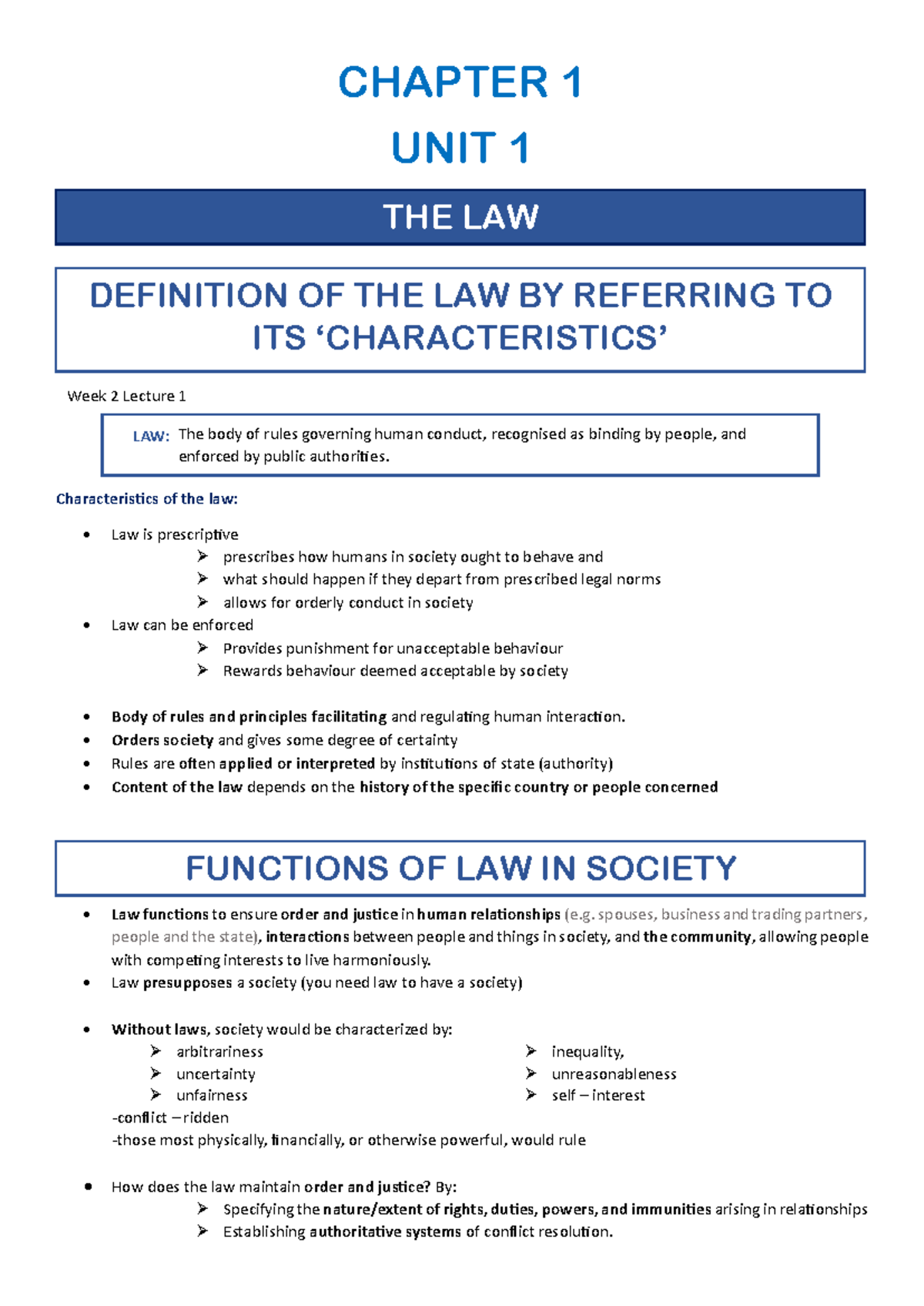 JUR 110 Chapter 1 Unit 1: Understanding the Definition and Functions of ...