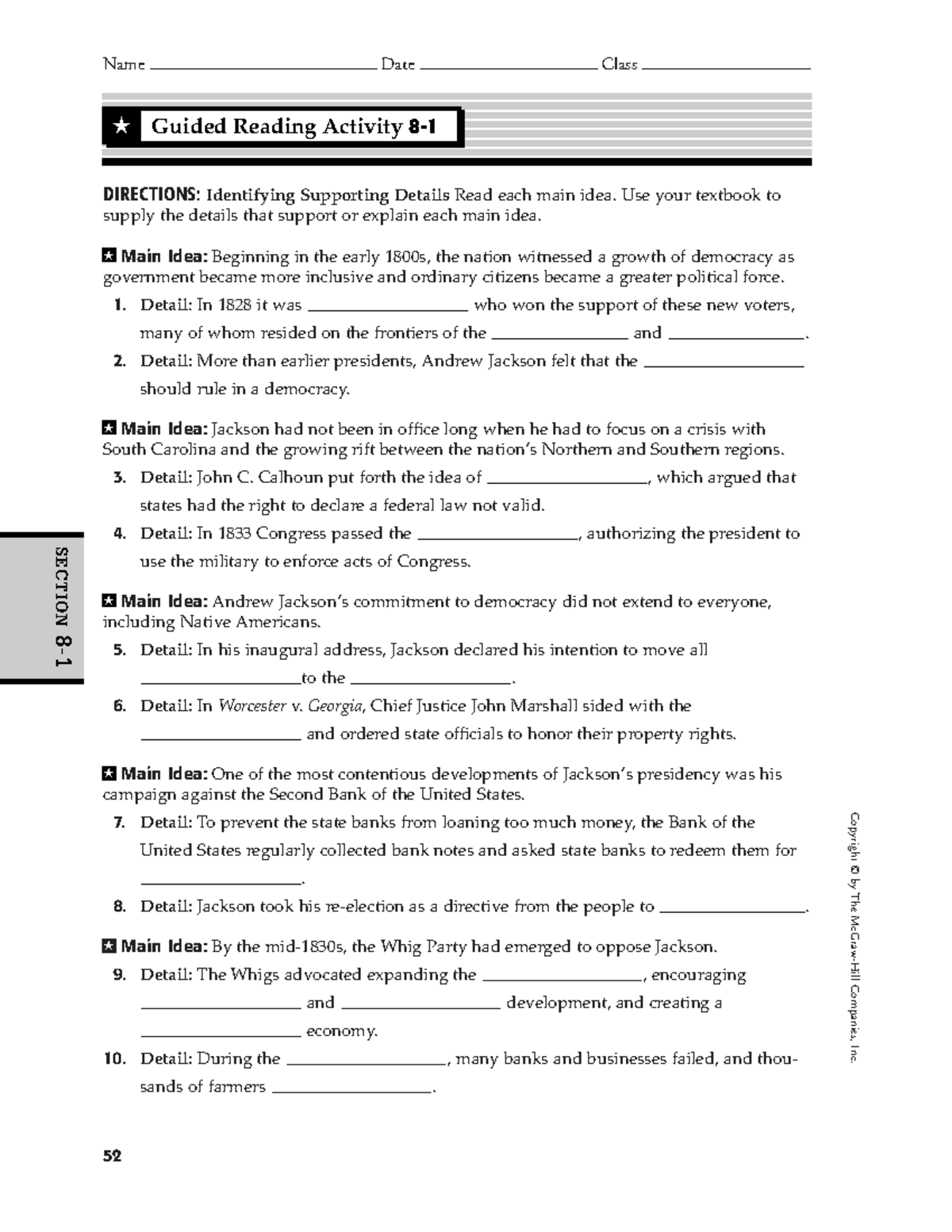 8-1 Guided Reading: The Rise of Democracy and Jackson's Presidency ...