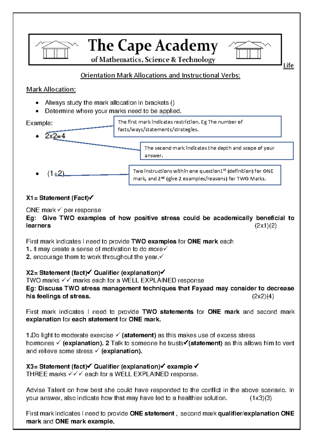 Life Orientation LO1 Mark Allocation Guidelines and Instructional Verbs ...