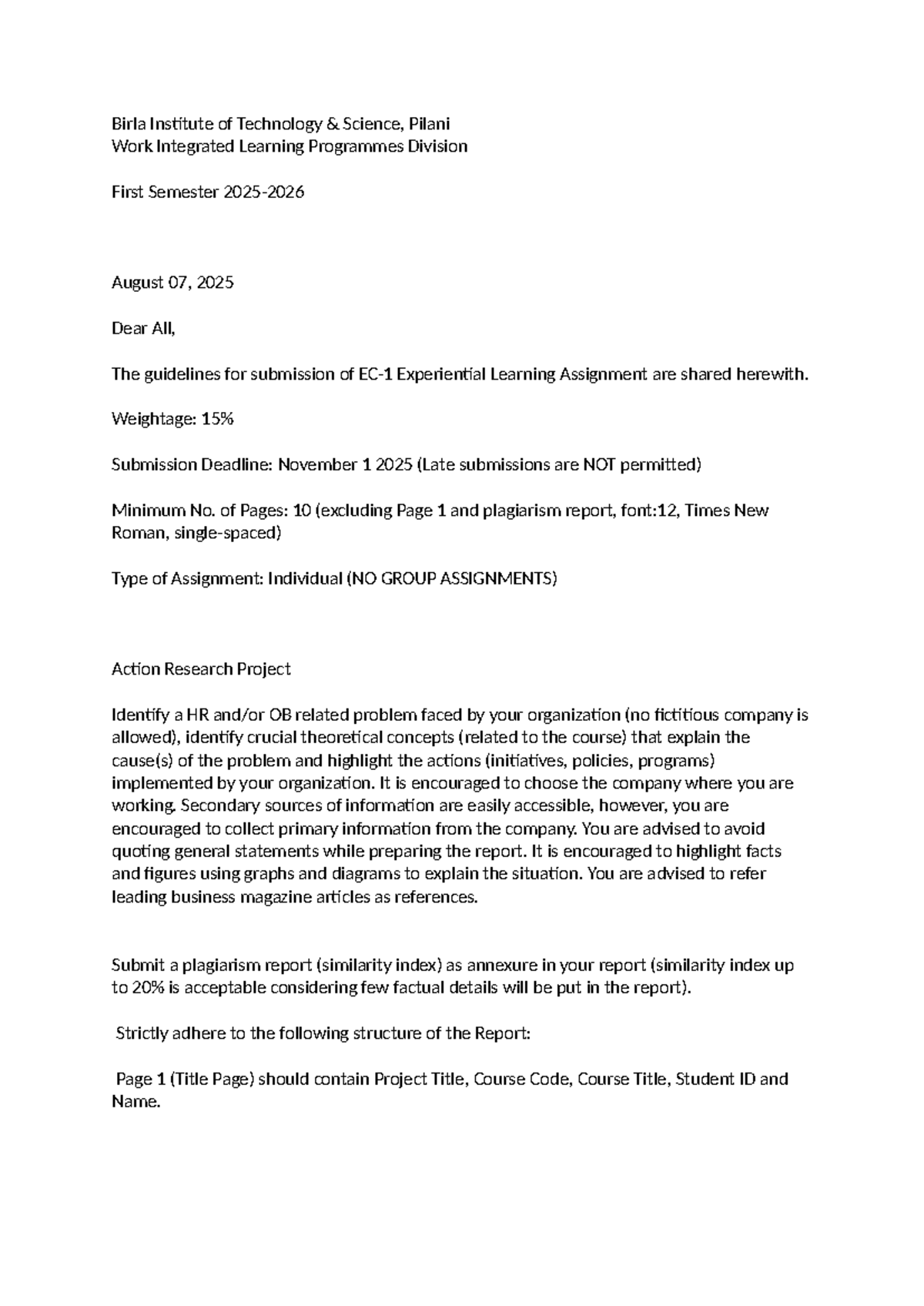 MPO Assignment: Guidelines for Experiential Learning Project - Studocu