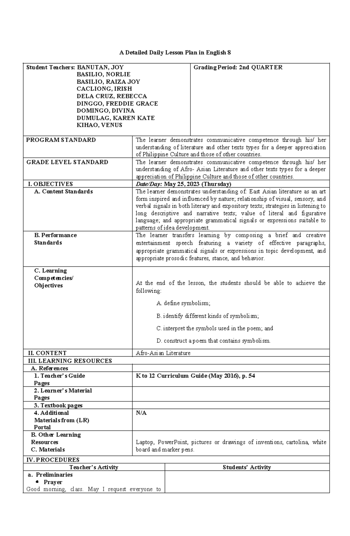 A Detailed Daily Lesson Plan in English 8 - GRADE LEVEL STANDARD The ...