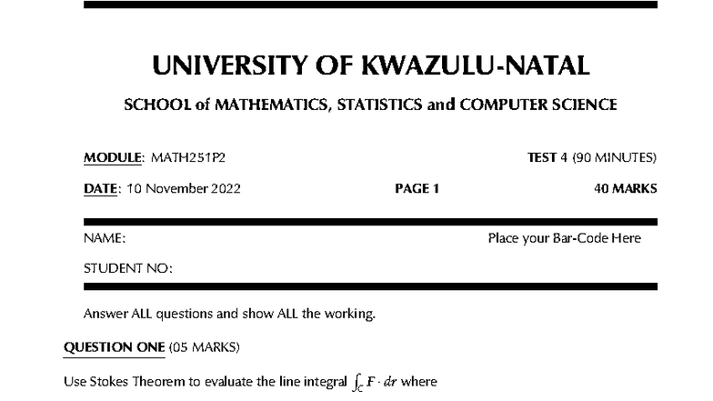 MATH251P2 TEST 4 - Stokes & Divergence Theorems (2022) - Studocu