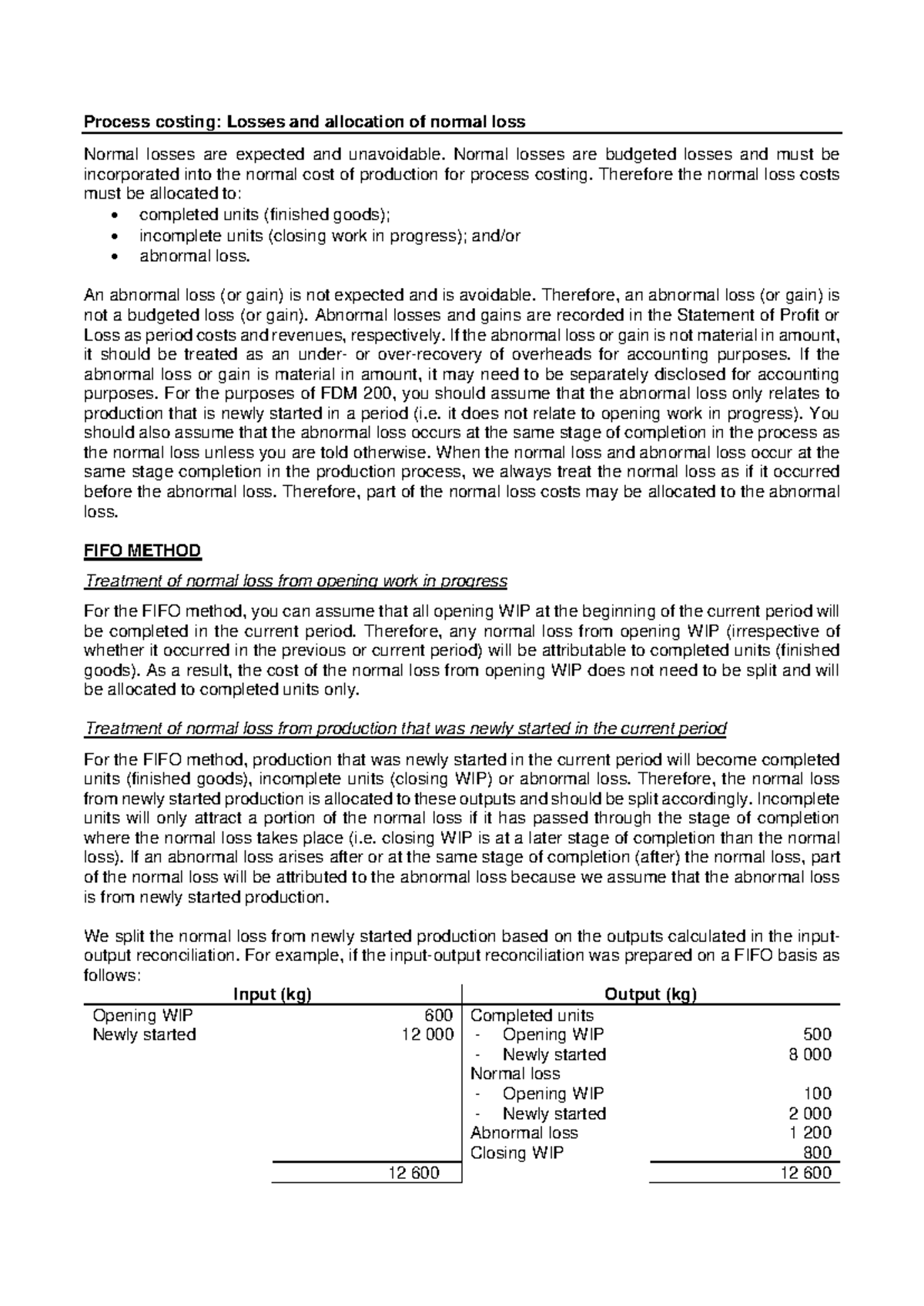 2024 FDM 200 Process Costing: Normal Loss Allocation Notes - Studocu